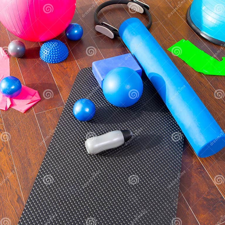 Aerobic Pilates Stuff Mat Balls Roller Magic Ring Stock Image - Image ...