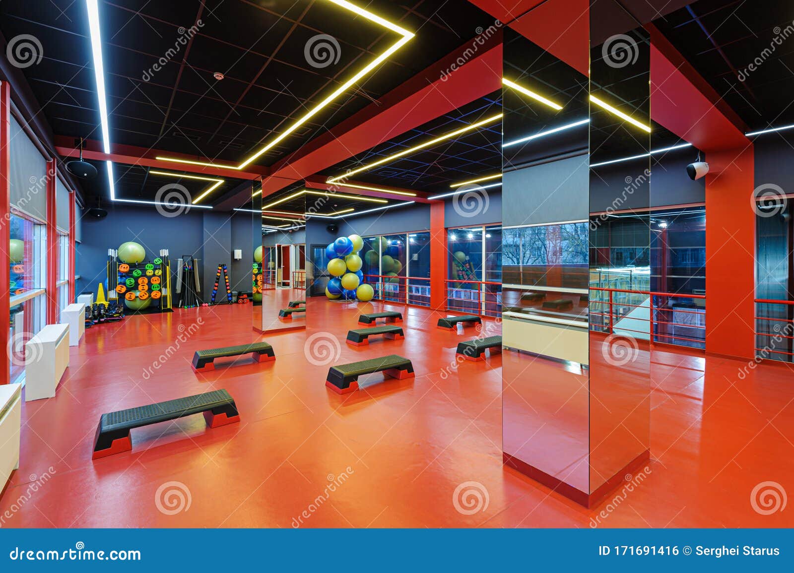 Aerobics Gym Room Interior with Step Decks Stock Photo - Image of ...