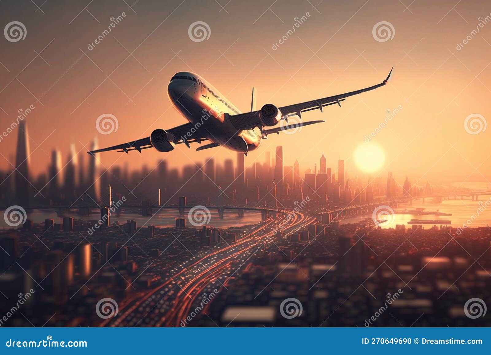 Aeroplane in Flight Over City in Sunset. Generative AI Stock ...
