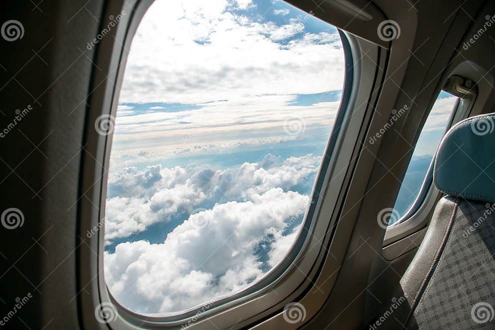 Aeroplane Window View with Clouds, Travel Concept Stock Illustration ...