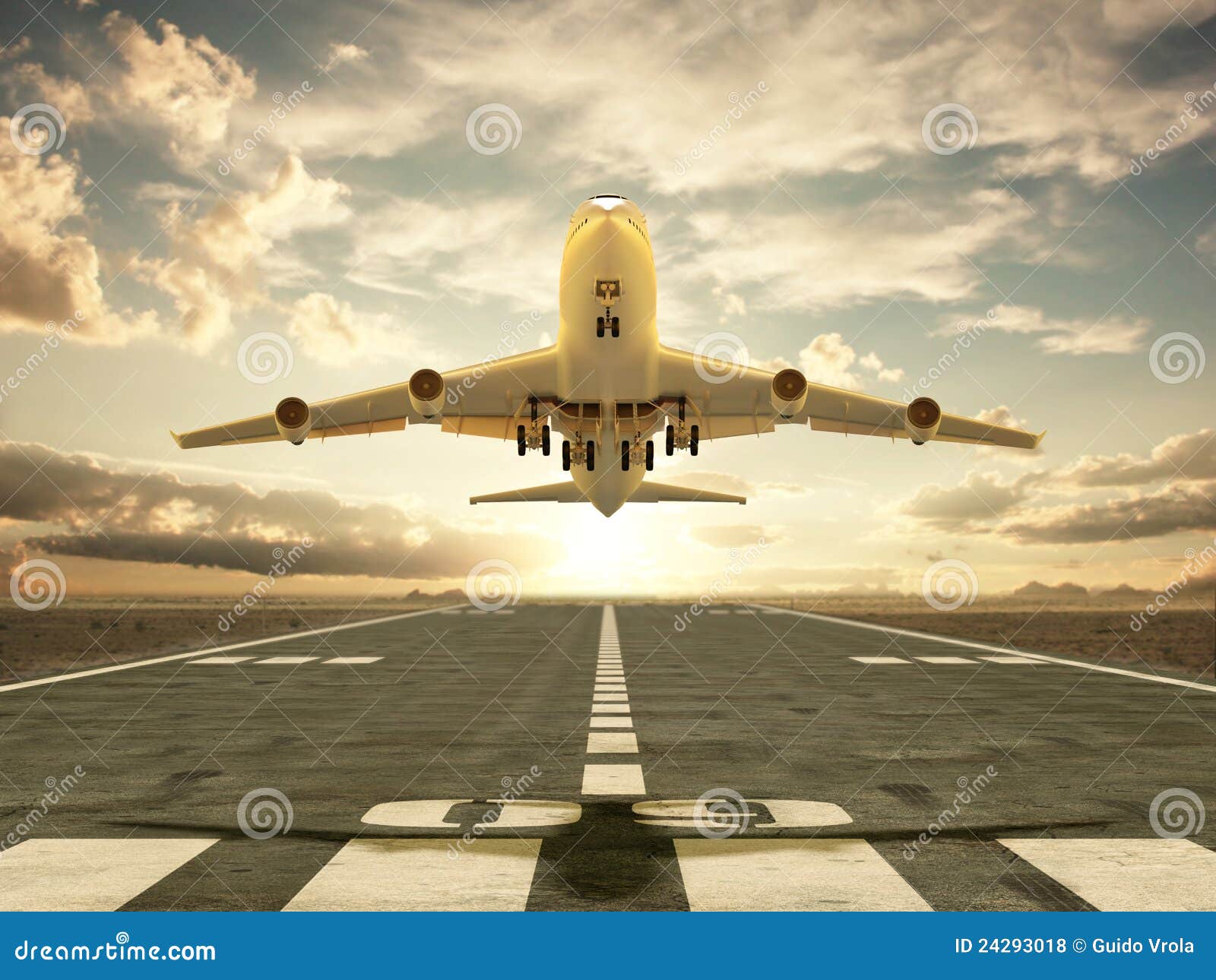 Aeroplano Che Decolla Al Tramonto Illustrazione di Stock ...