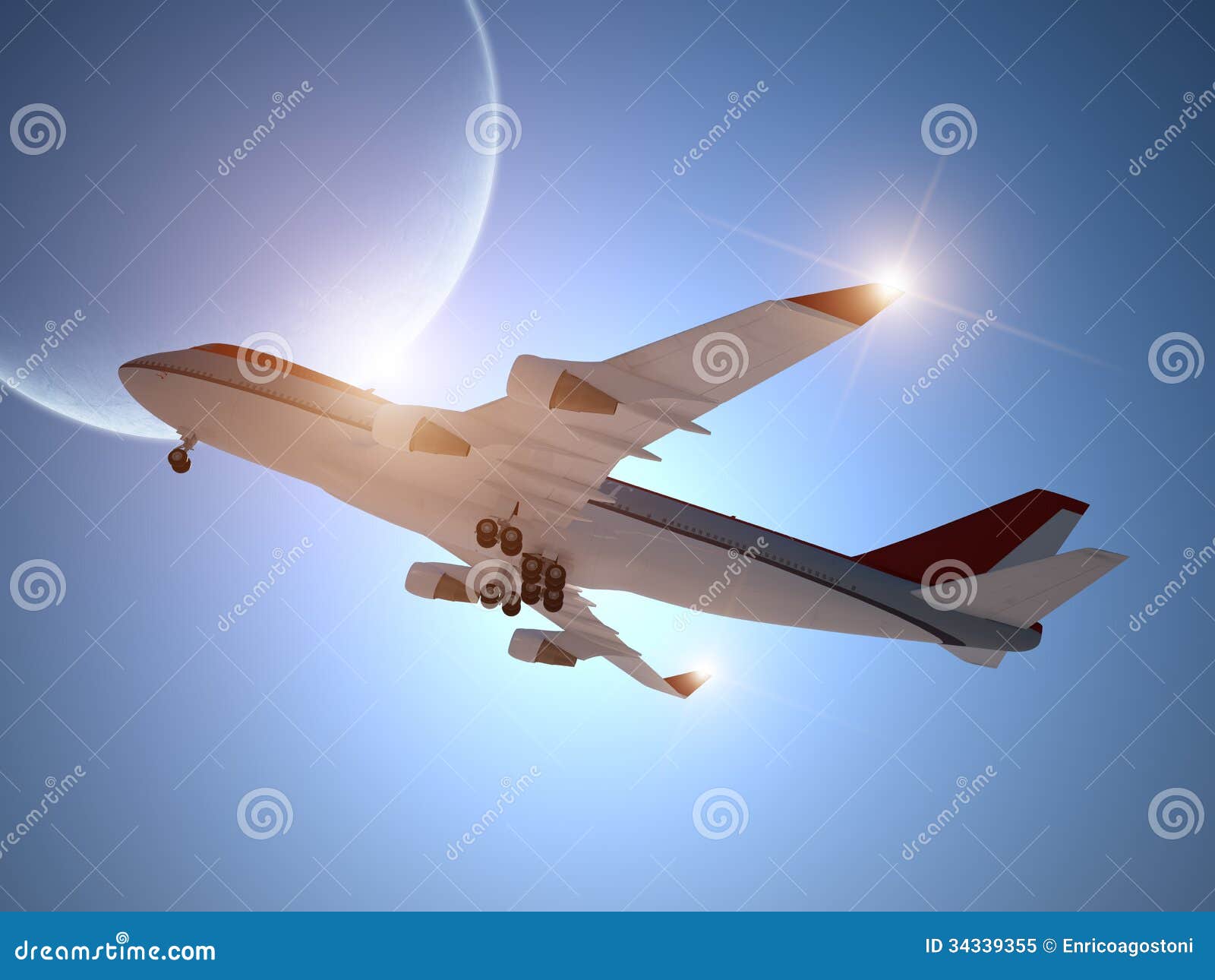 Aeroplano Che Decolla Con La Luna Nel Cielo Immagine Stock - Immagine ...