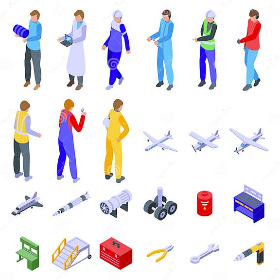 Aerospace Engineer Icons Set Isometric Vector. Engine Work Stock ...
