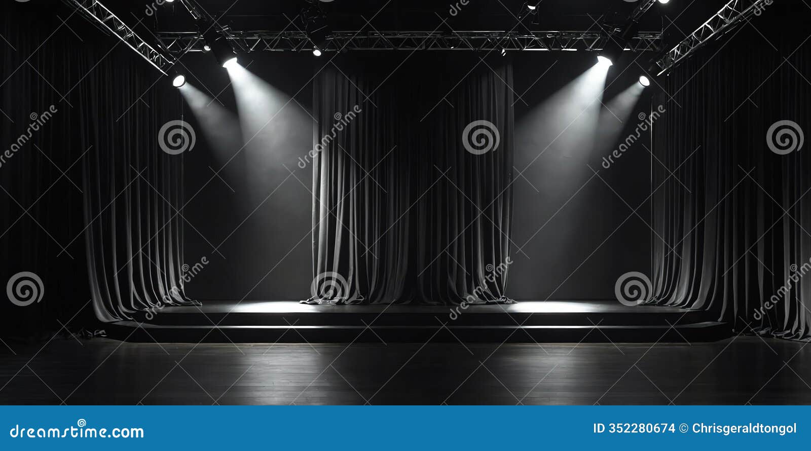 Black Draped Stage With Checkerboard Floor And Pedestal. Stock Photo ...