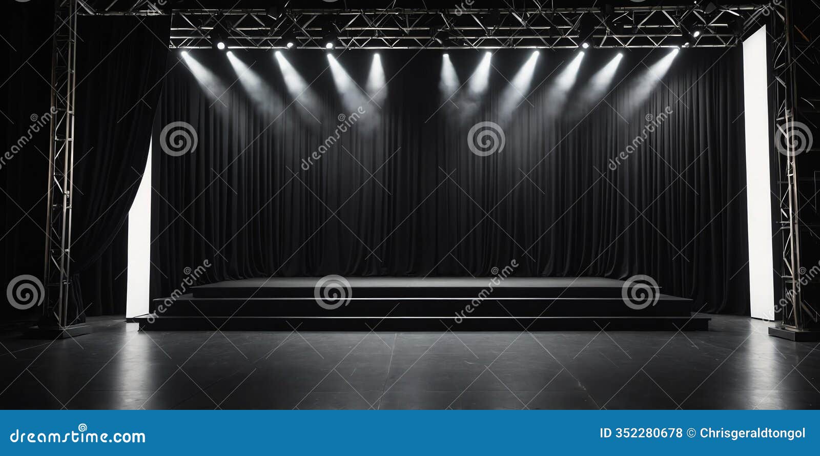 Black Draped Stage With Checkerboard Floor And Pedestal. Stock Photo ...