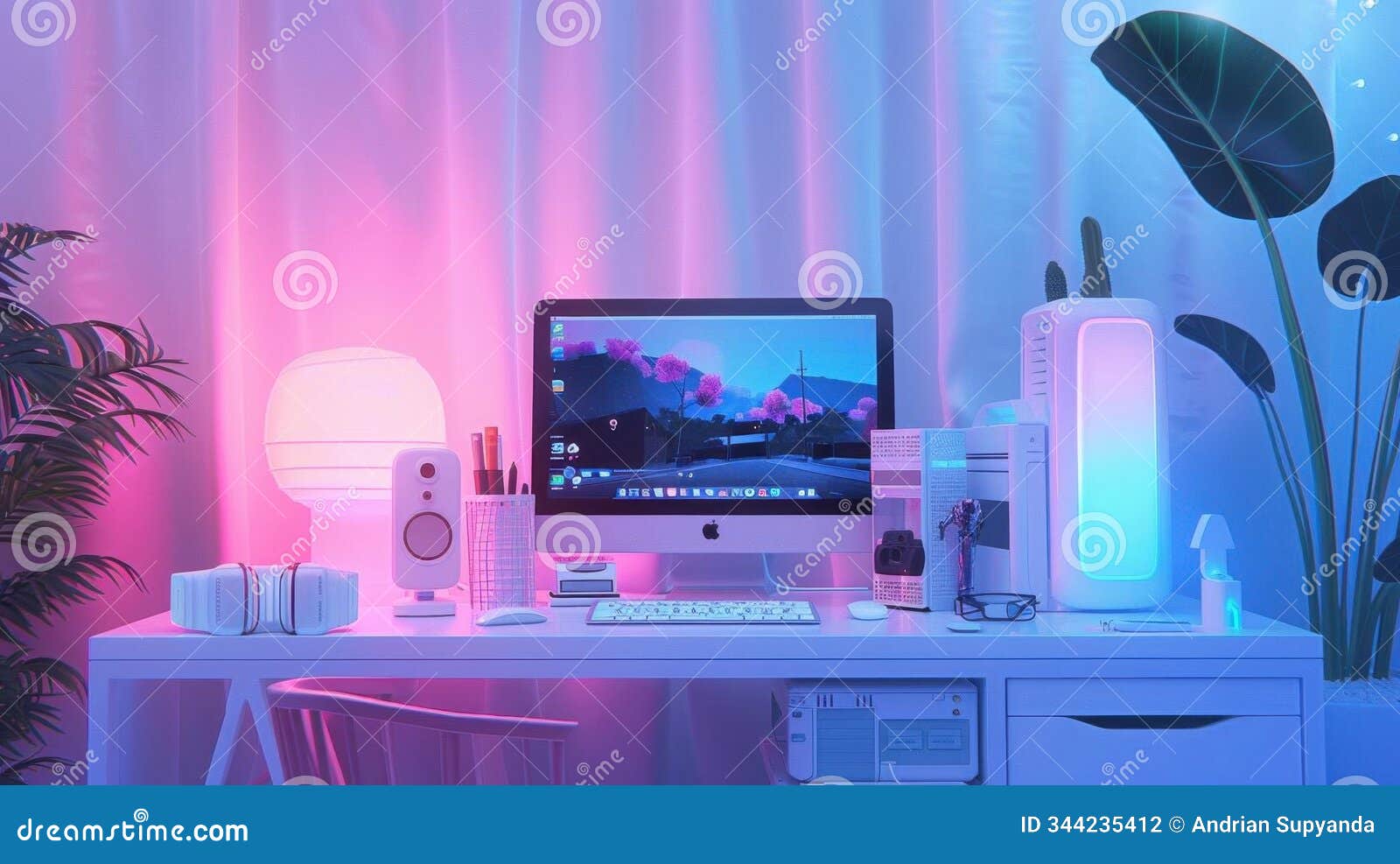 Aesthetic Desk Setup with Pink and Blue Lighting Stock Illustration ...