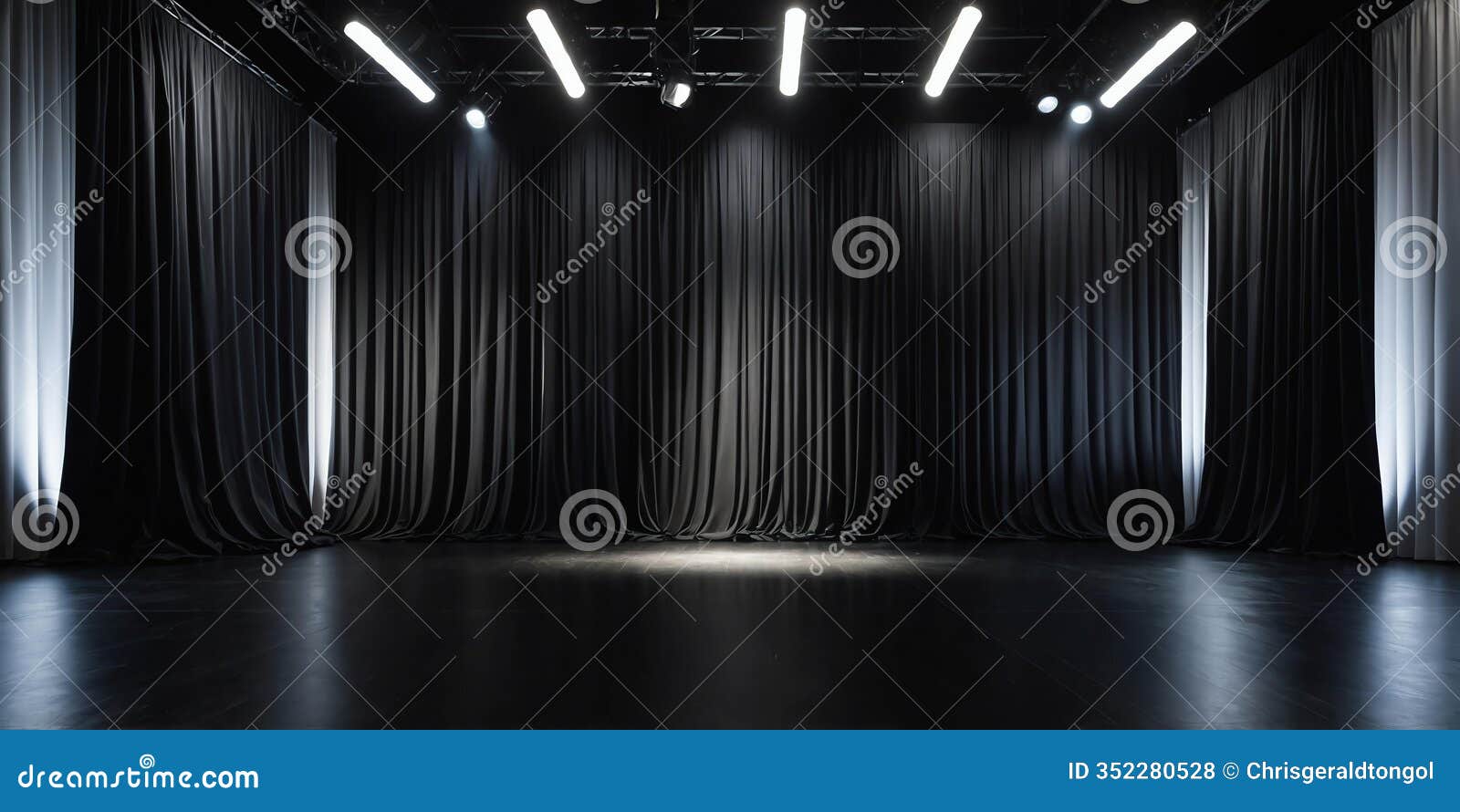 Black Draped Stage With Checkerboard Floor And Pedestal. Stock Photo ...