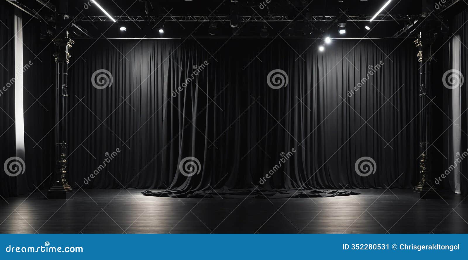 Black Draped Stage With Checkerboard Floor And Pedestal. Stock Photo ...