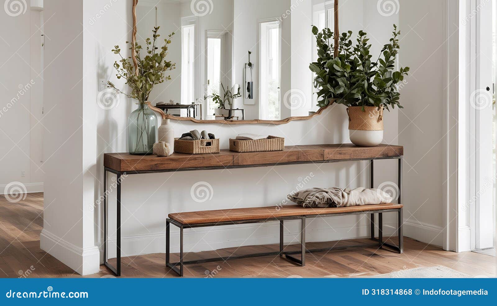Aesthetic Modern Entryway with a Console Table, Large Mirror, and a ...