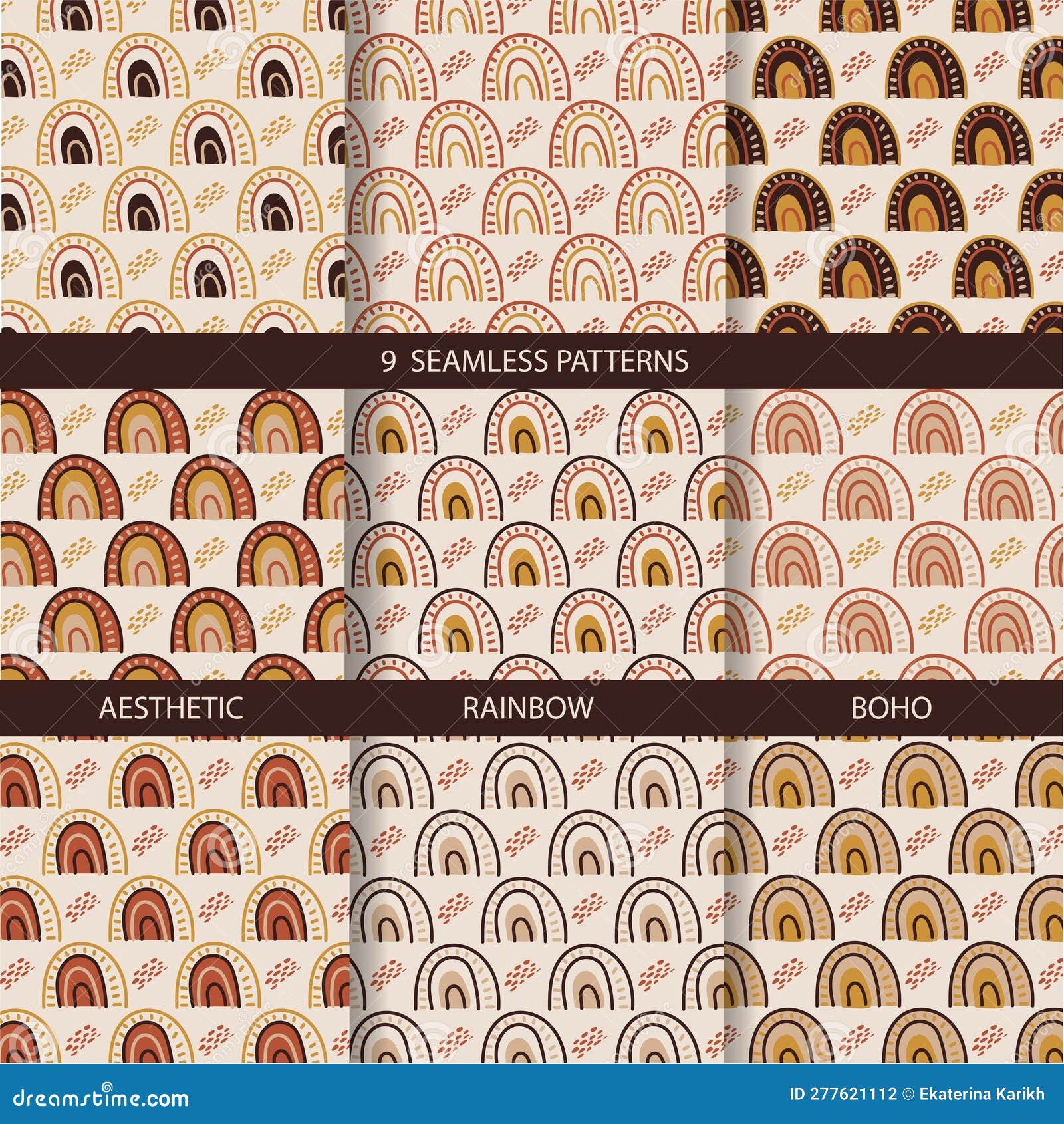 Aesthetic Patterns. Boho Patterns. Set of Seamless Pattern with Rainbowa and Dots in Boho and ...