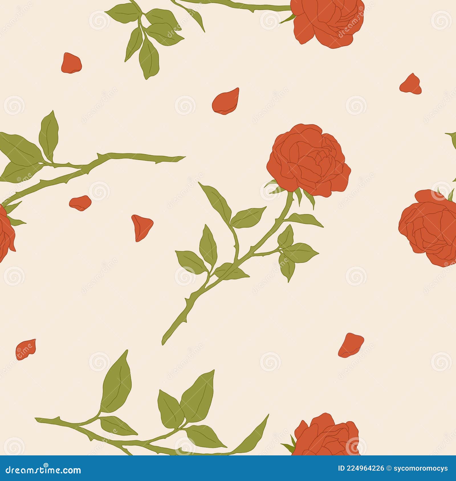 Aesthetic Seamless Vector Pattern with Roses and Rose Petals Stock ...