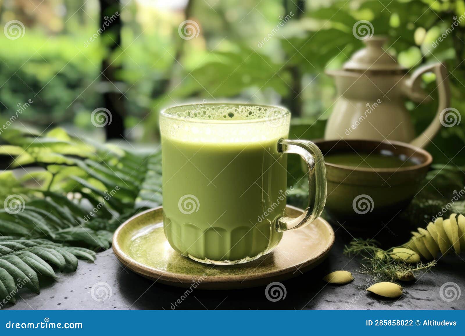 Aesthetic Shot of Matcha Latte with Plants in the Background Stock ...
