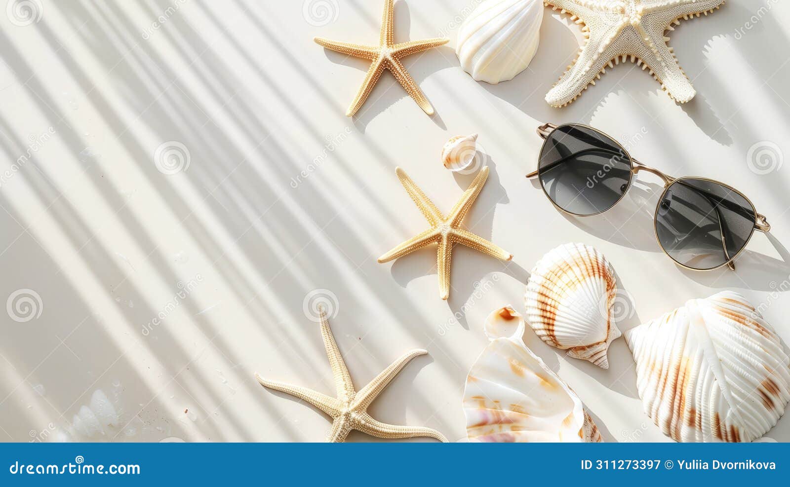 Aesthetic Summer Background with Shells, Starfish, Sunglasses on Light ...