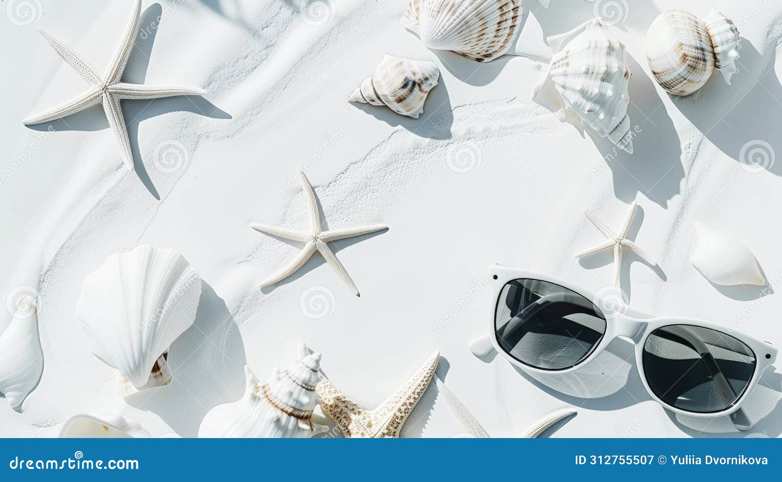 Aesthetic Summer Background with Shells, Starfish, Sunglasses on Light ...