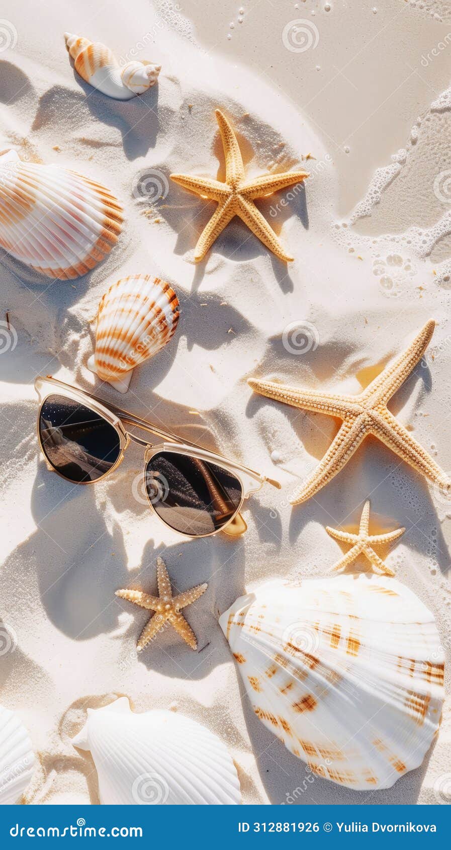 Aesthetic Summer Background with Shells, Starfish, Sunglasses on Light ...