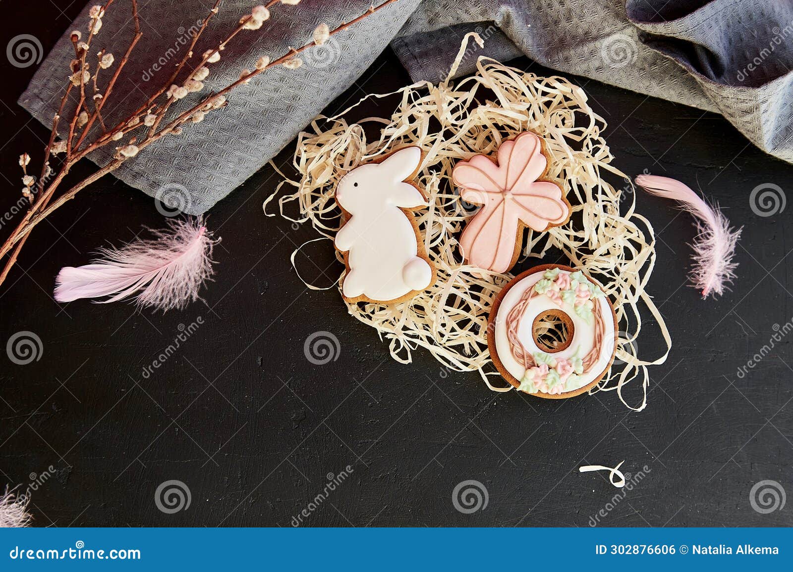 Aesthetics Easter Festive Cookies Decorated with Spring Cats Twigs on ...