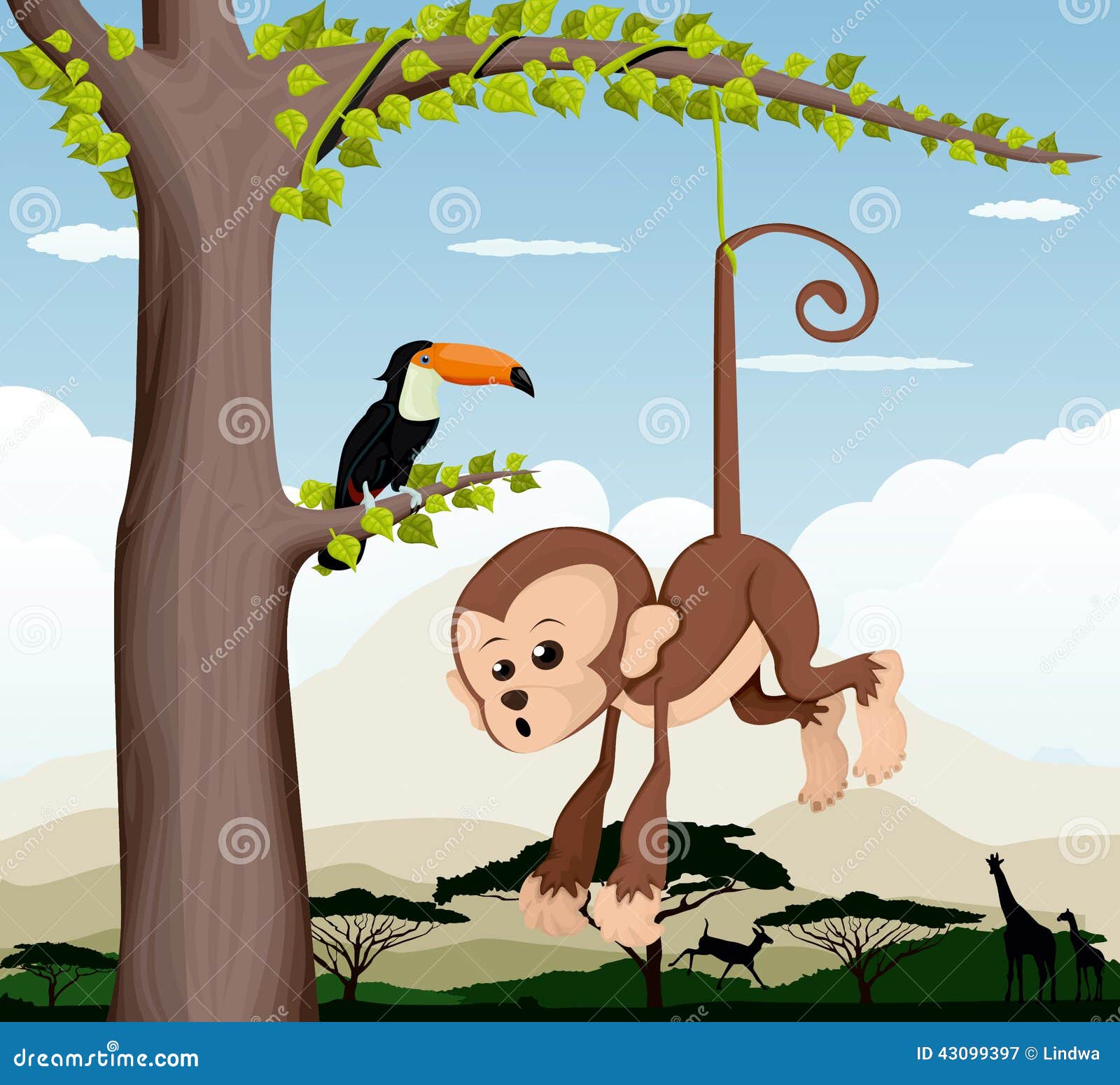 Affe Und Ein Vogel in Einem Baum Vektor Abbildung - Illustration von ...