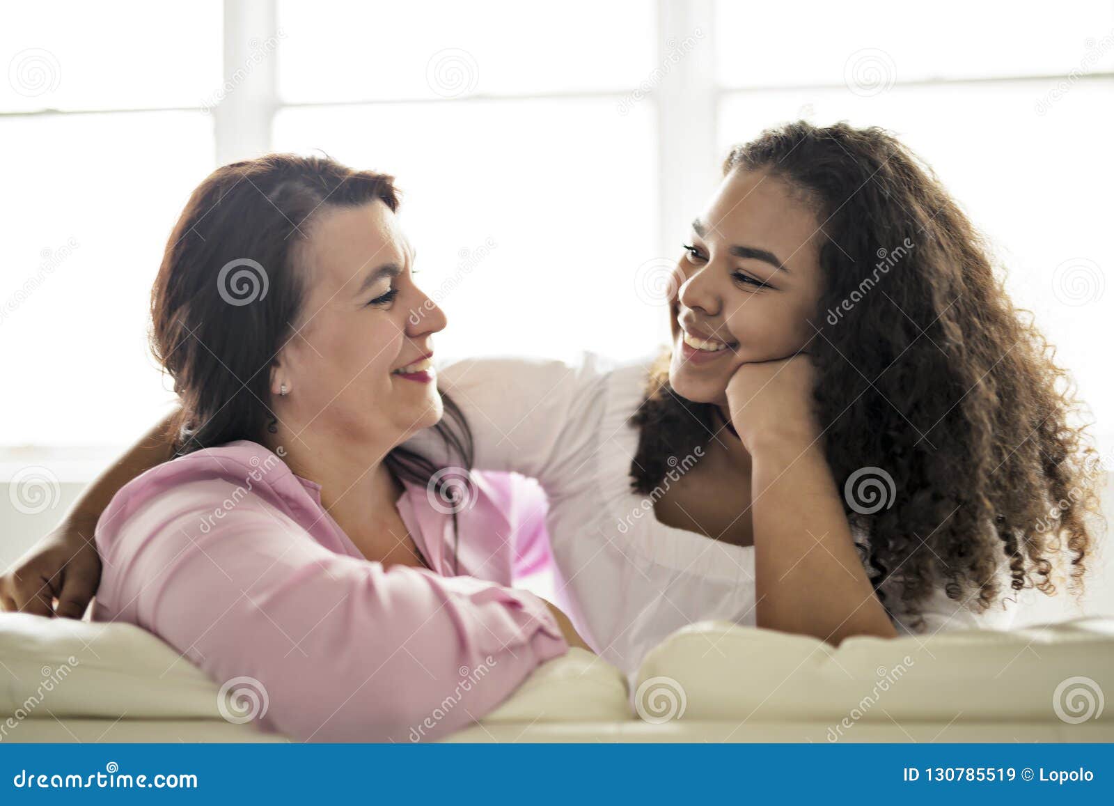 Affectionate Mother And Daughter Sitting On Sofa Stock Image Image Of