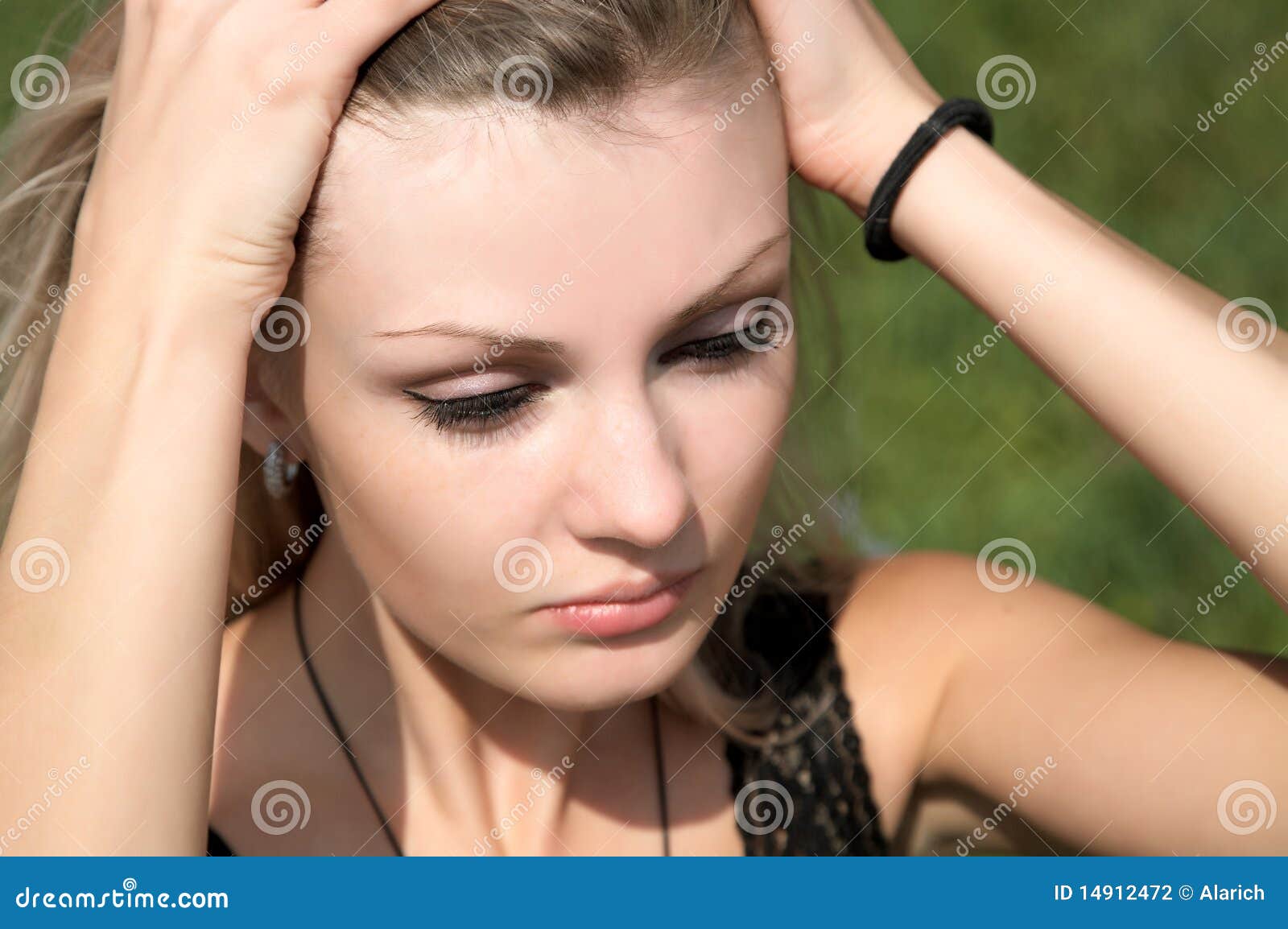 Afflicted Girl Keeps Hands for a Head Stock Photo - Image of attractive ...