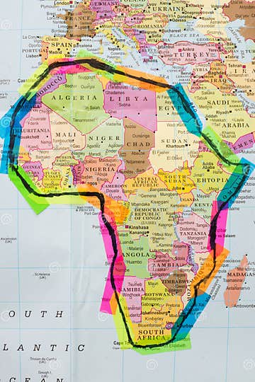 Afirca Map Highlighted with the Sticky Notes on Map Stock Image - Image ...