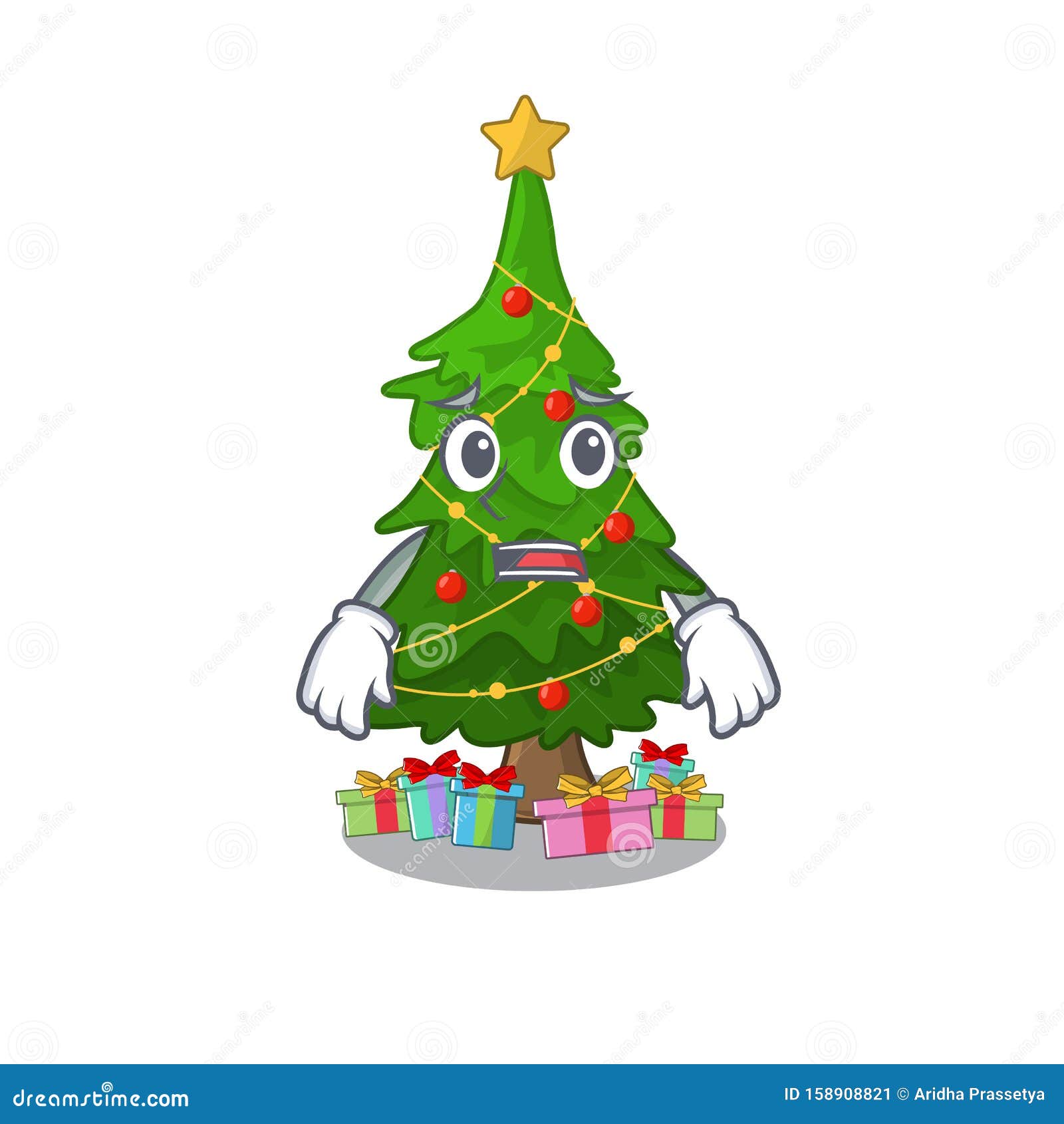 Afraid Christmas Tree Next To Cartoon Table Stock Vector - Illustration ...
