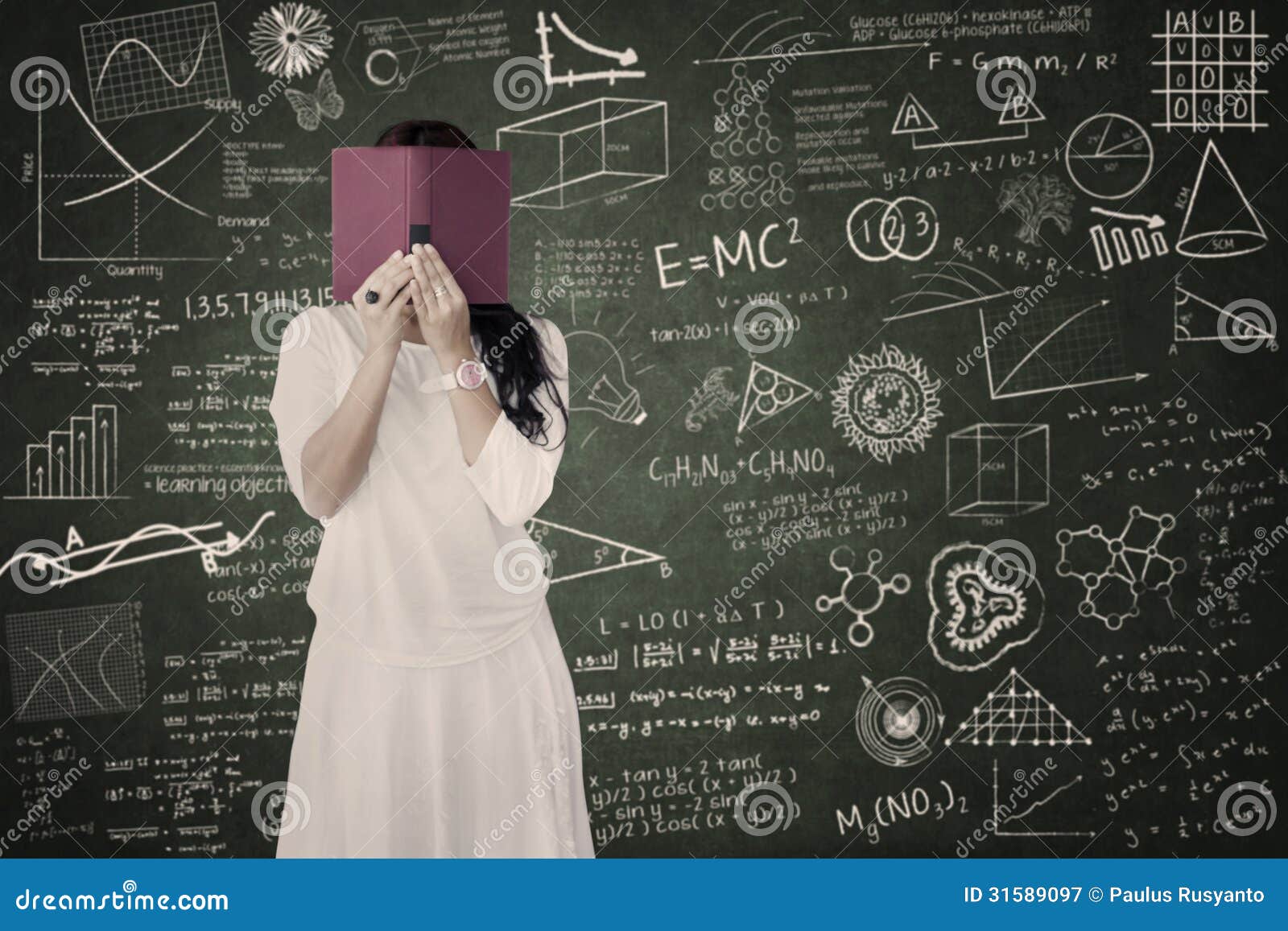 Afraid Female Student Hide Behind Book in Class Stock Illustration ...