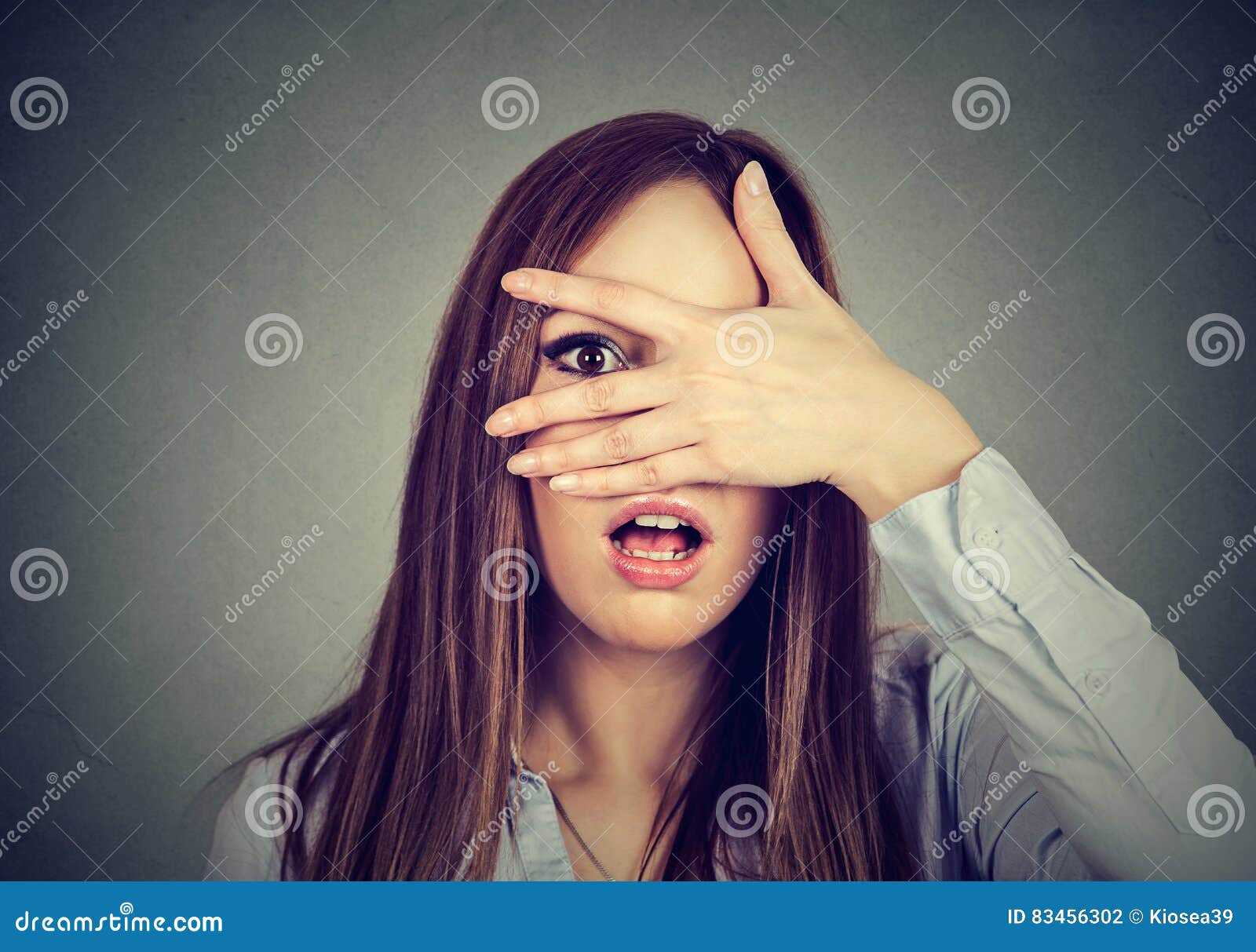 Afraid Woman Peeking through Her Fingers Stock Photo - Image of female ...