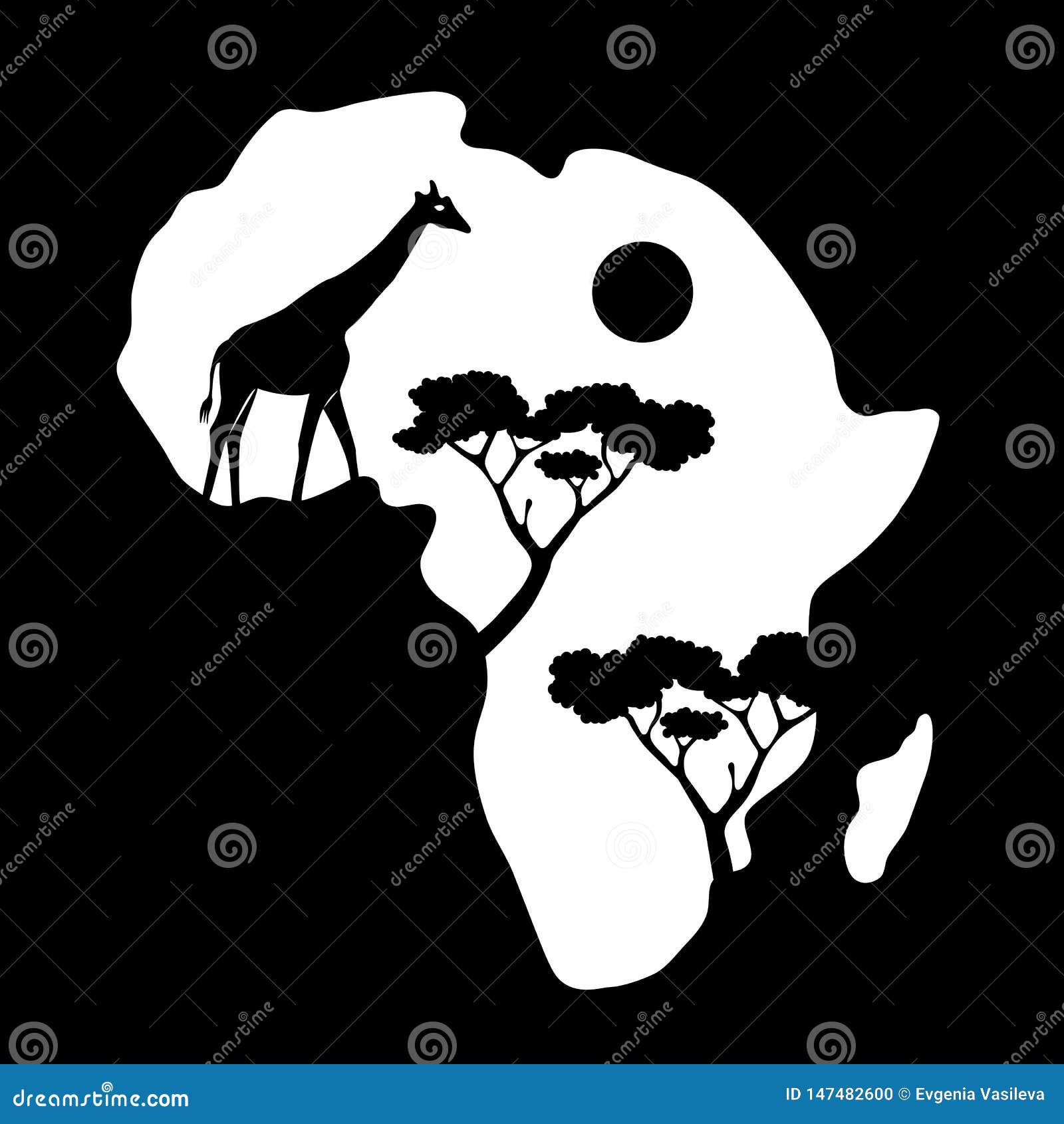 Africa Black And White Map Of Africa Continent With Silhouette Giraffe