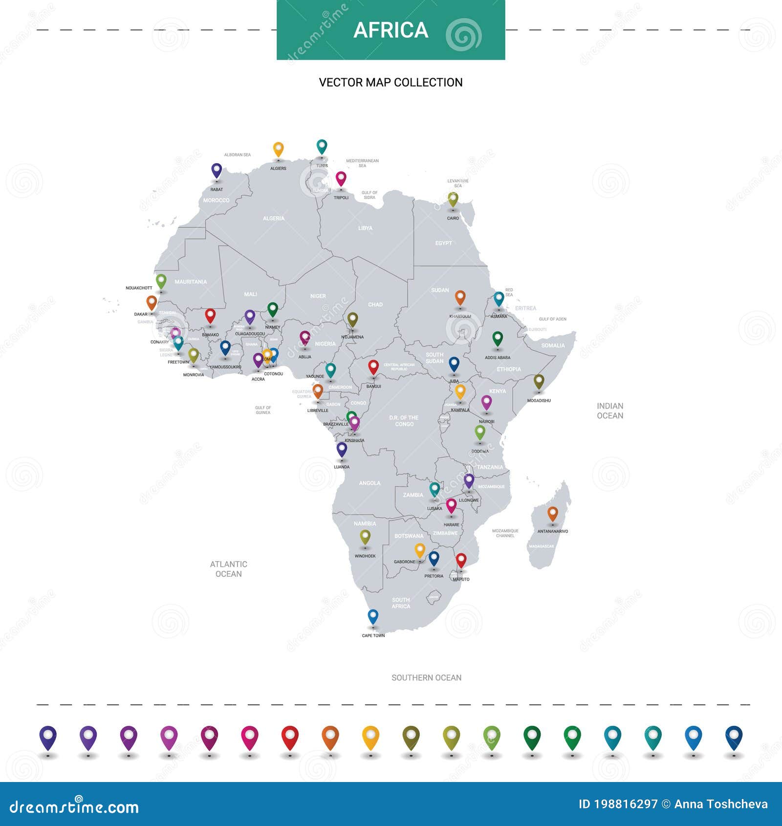 Africa Map with Location Pointer Marks. Stock Vector - Illustration of ...