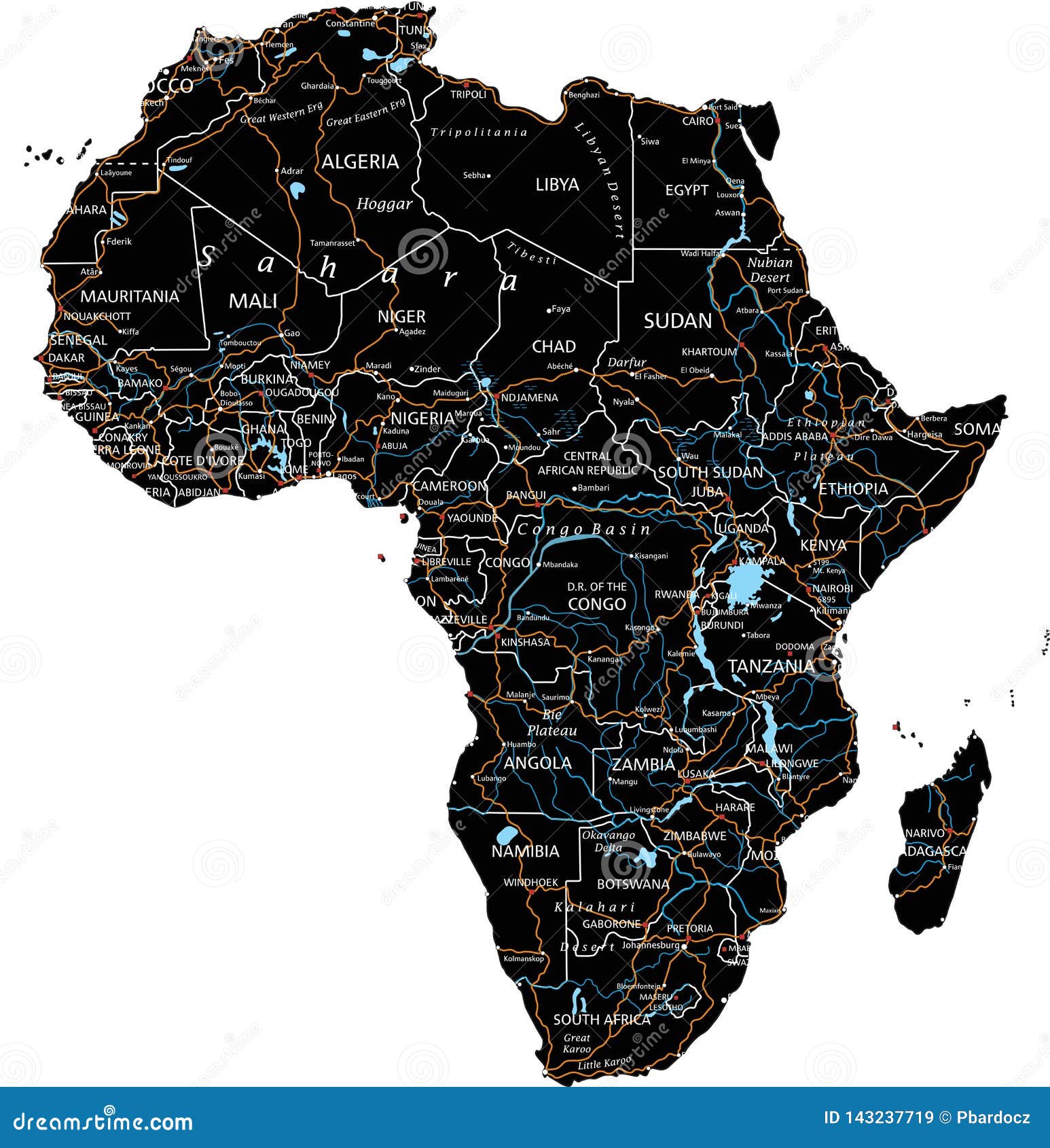 High Detailed Africa Road Map with Labeling - Black. Stock Vector ...