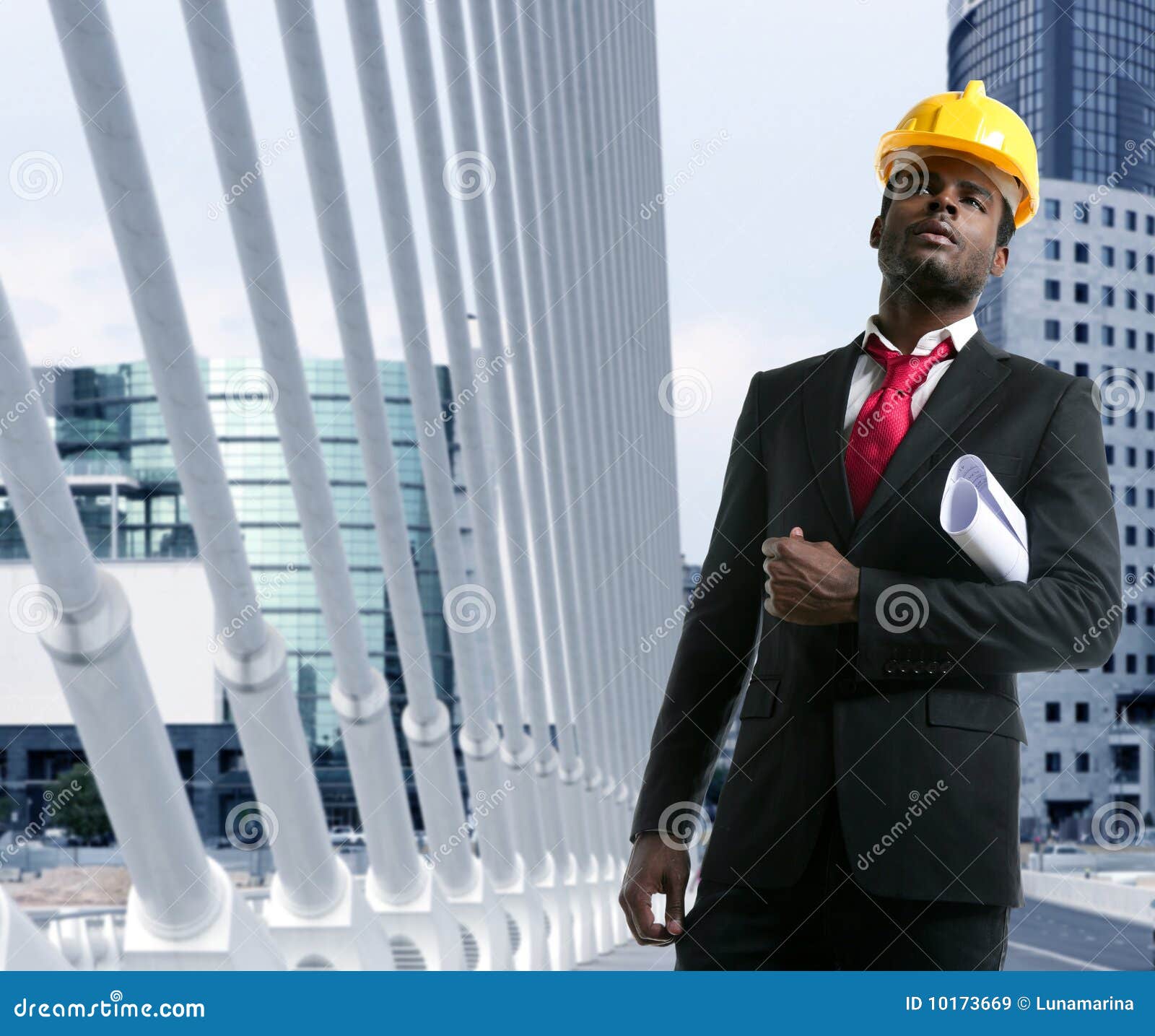African American Architect Engineer Yellow Hardhat Stock Image - Image ...