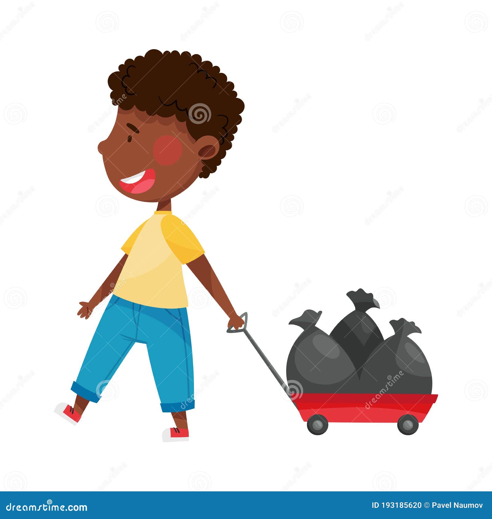 African American Boy Character Pulling Platform Trolley with Trash Pack ...