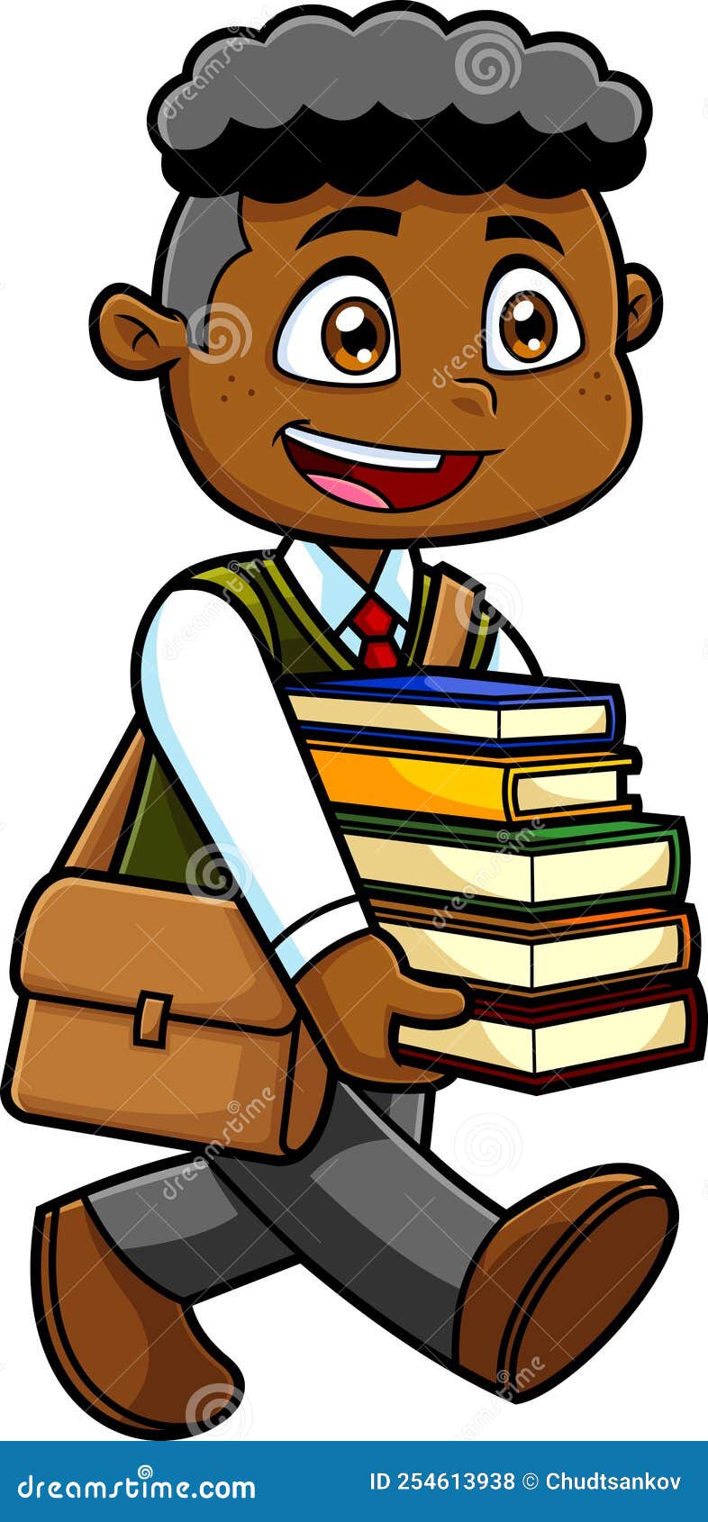 Happy African American Boy Cartoon Character Goes To School Carrying ...