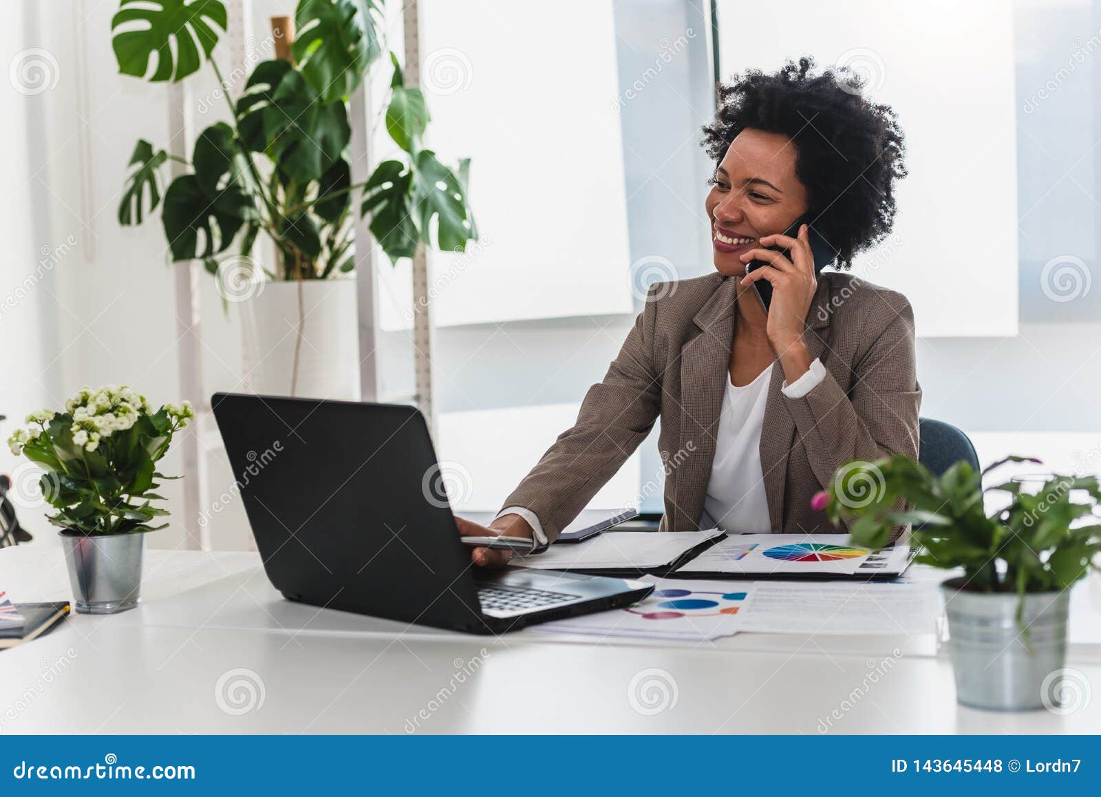 African American Businesswoman Working on Computer at Her Office Stock ...