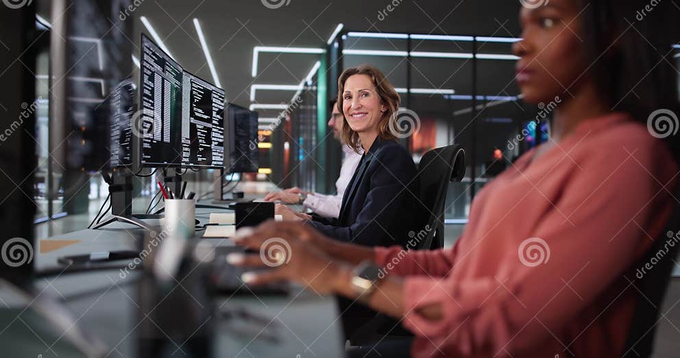 African American Coder Happily Coding on Desktop Stock Image - Image of ...