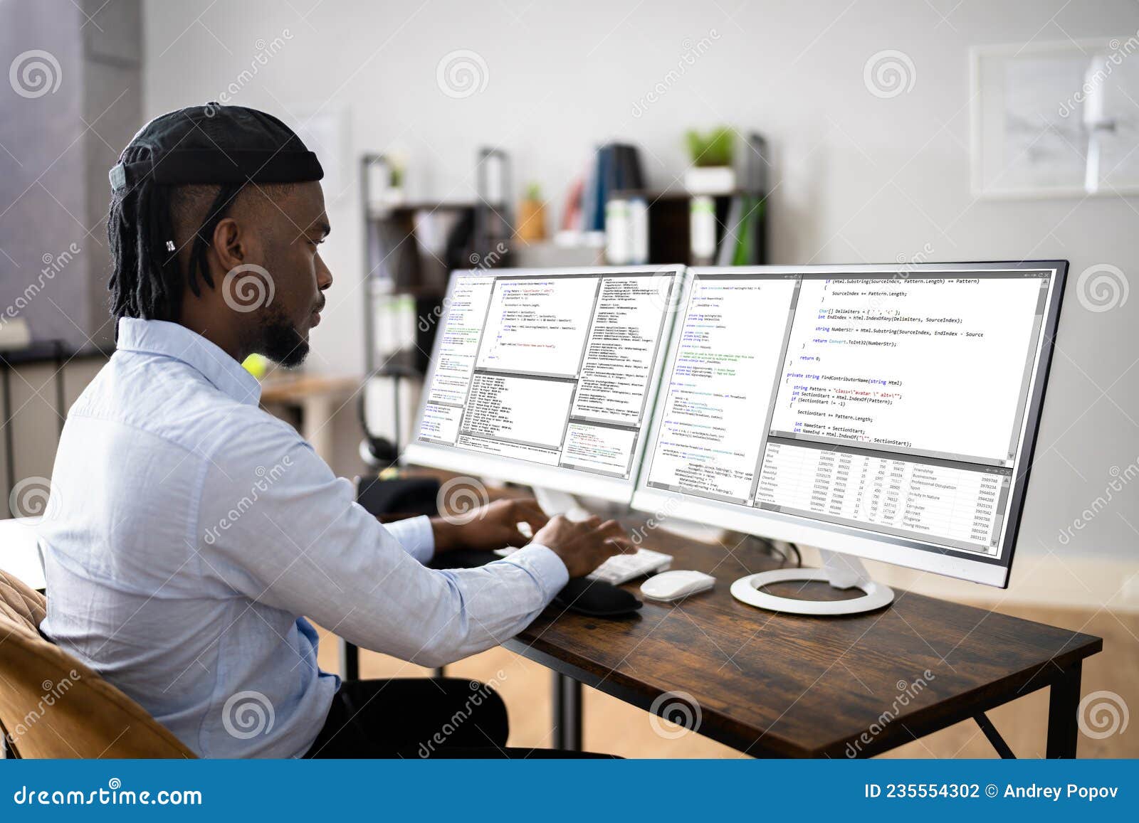African American Coder Using Computer at Desk Stock Photo - Image of code, classes: 235554302