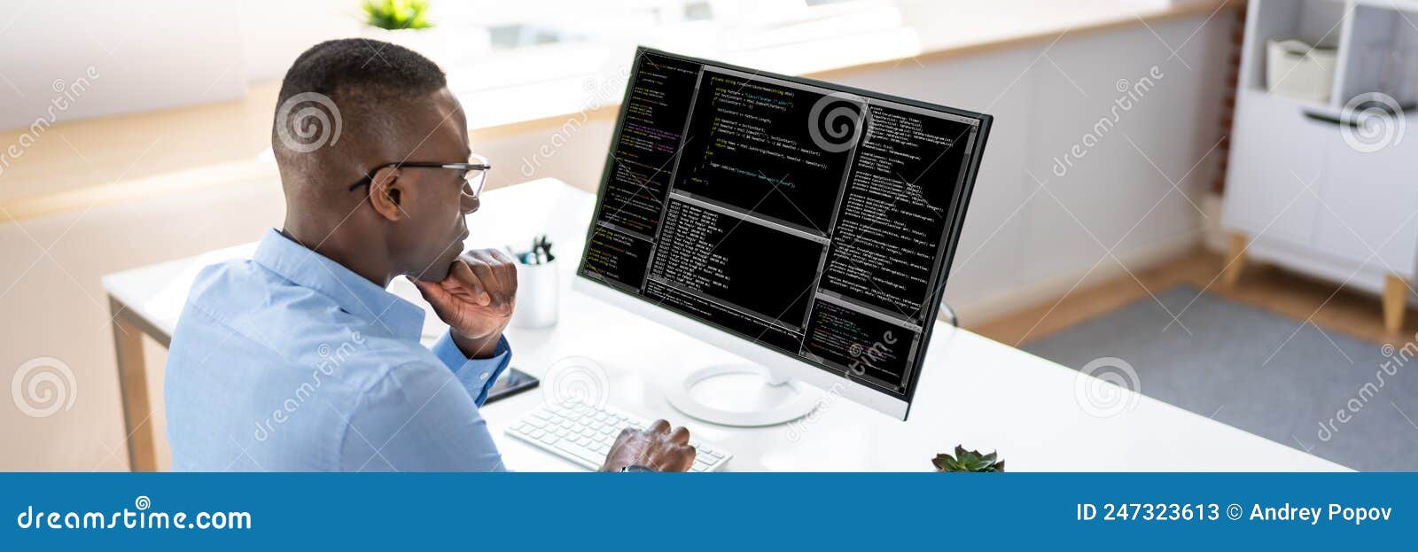 African American Coder Using Computer at Desk Stock Image - Image of ... African American Coder Using Computer at Desk Stock Image - Image of ...