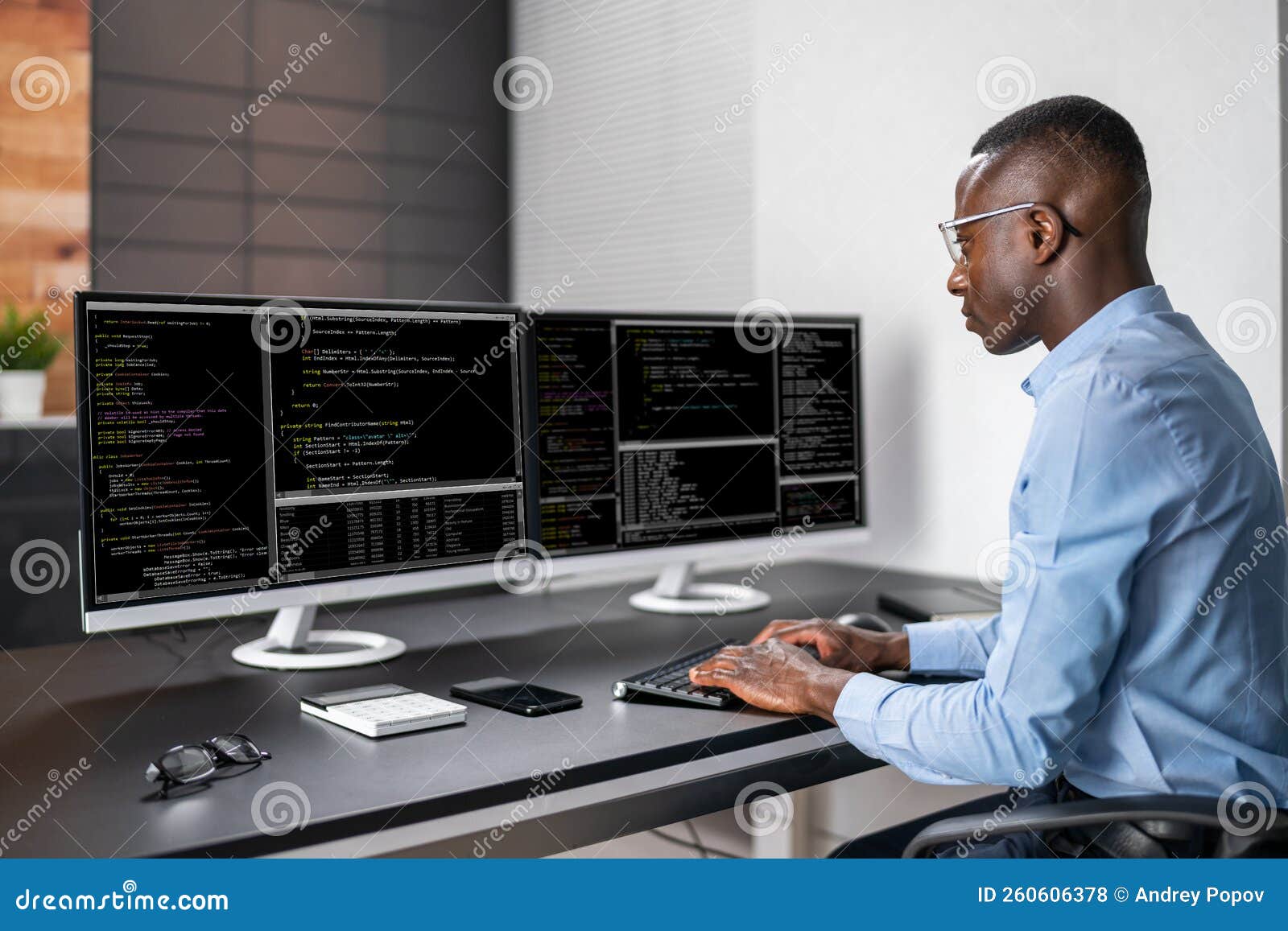 African American Coder Using Computer at Desk Stock Photo - Image of engineer, multiple: 260606378