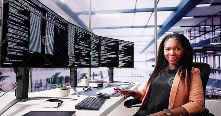 African American Coder Using Computer at Desk Stock Photo - Image of ...