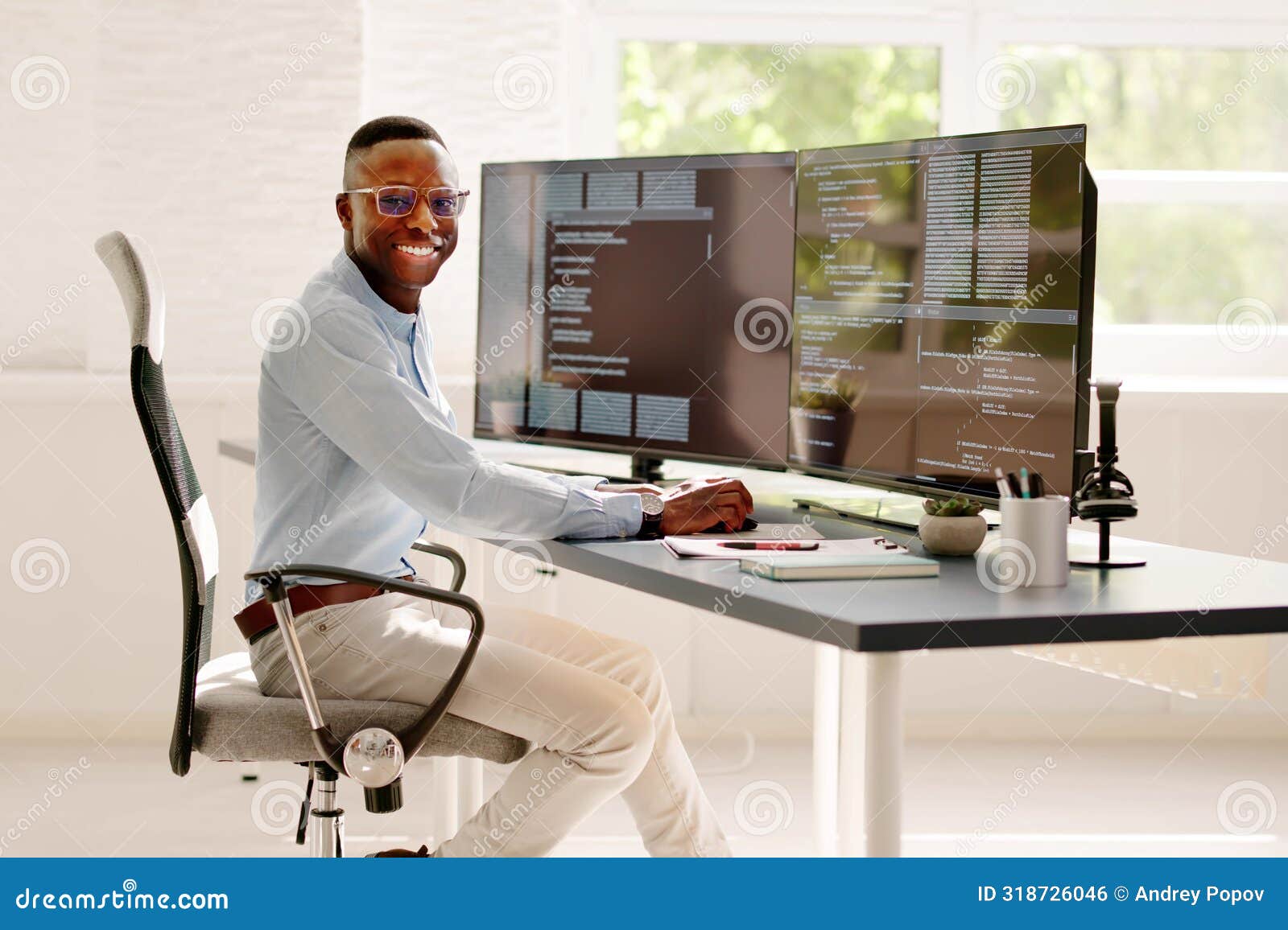 African American Coder Using Computer at Desk Stock Photo - Image of ...