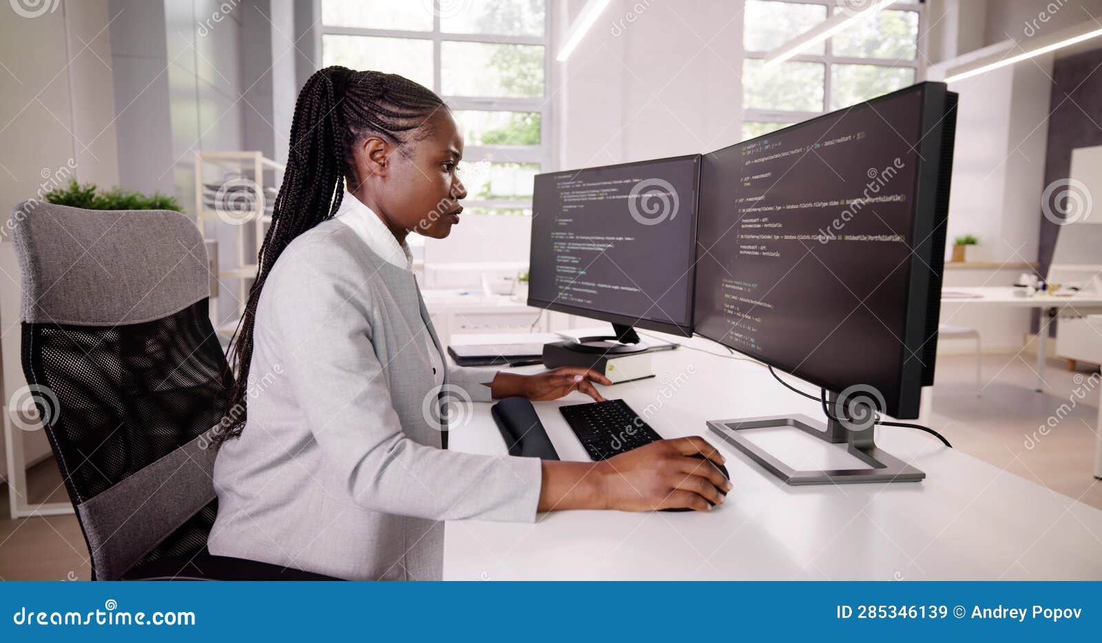 African American Coder Using Computer at Desk Stock Image - Image of monitor, accountancy: 285346139