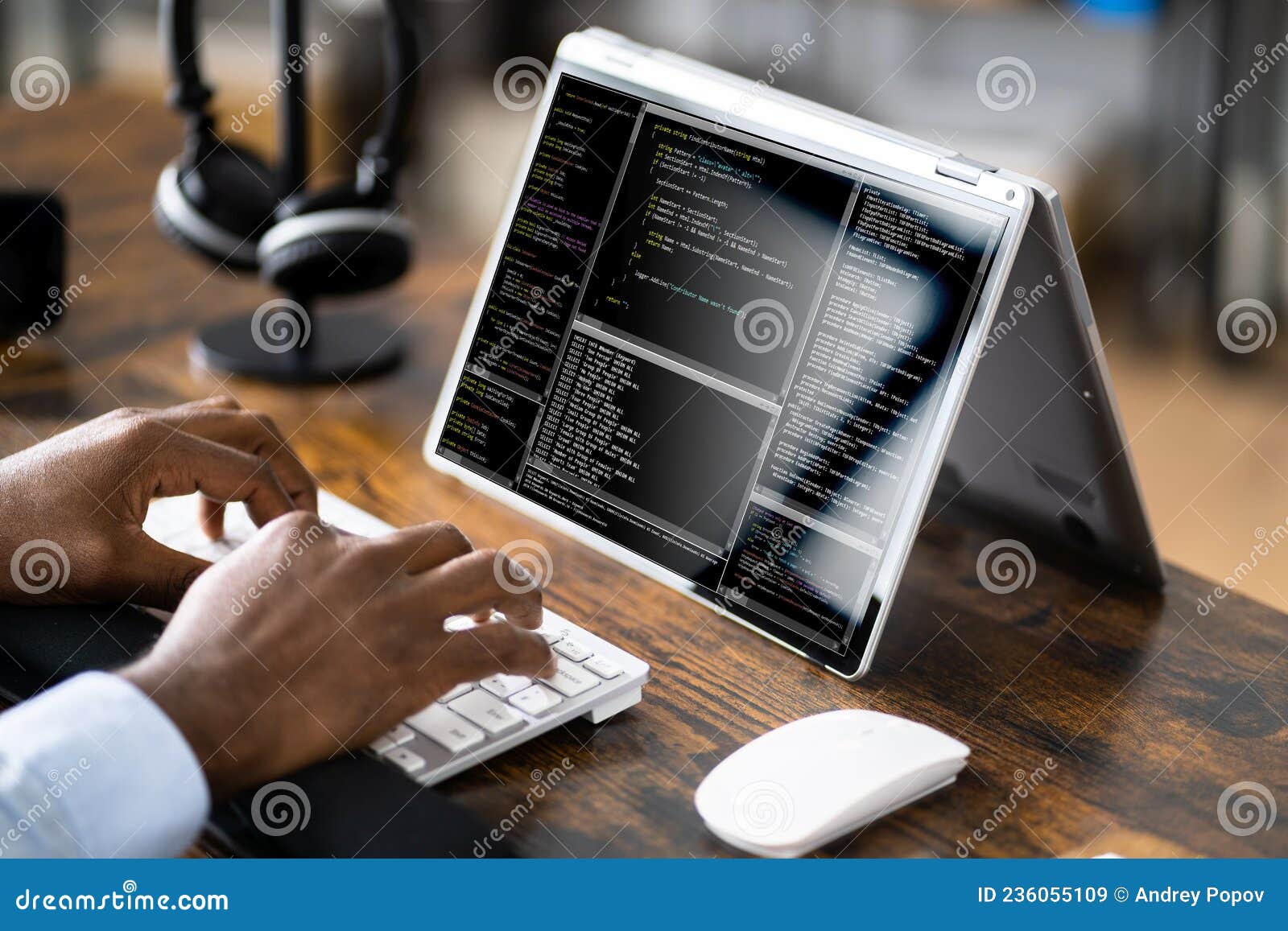 African American Coder Using Computer At Desk Stock Image Image Of