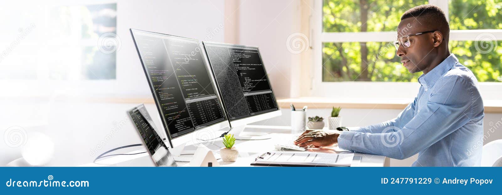 African American Coder Using Computer At Desk Stock Image Image Of African Screen 247791229