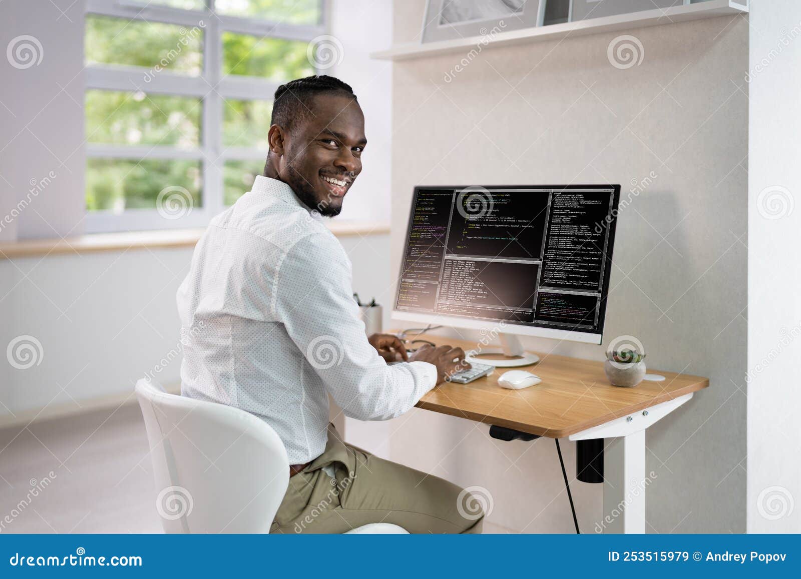 African American Coder Using Computer at Desk Stock Image - Image of spectacles, african: 253515979