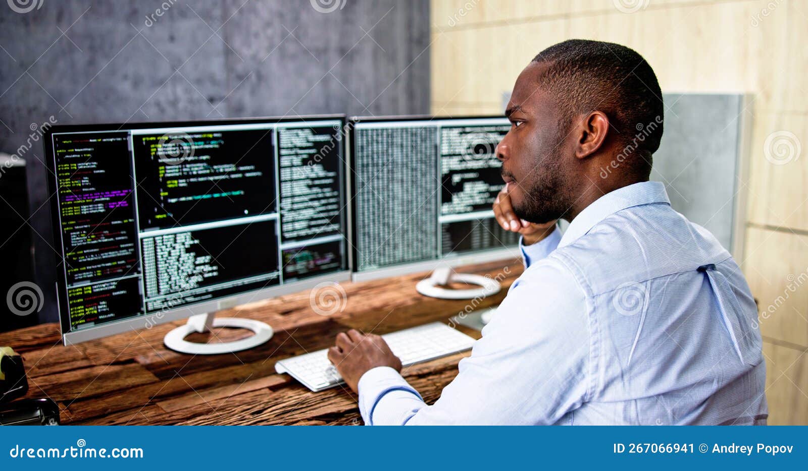African American Coder Using Computer at Desk Stock Image - Image of computer, chair: 267066941