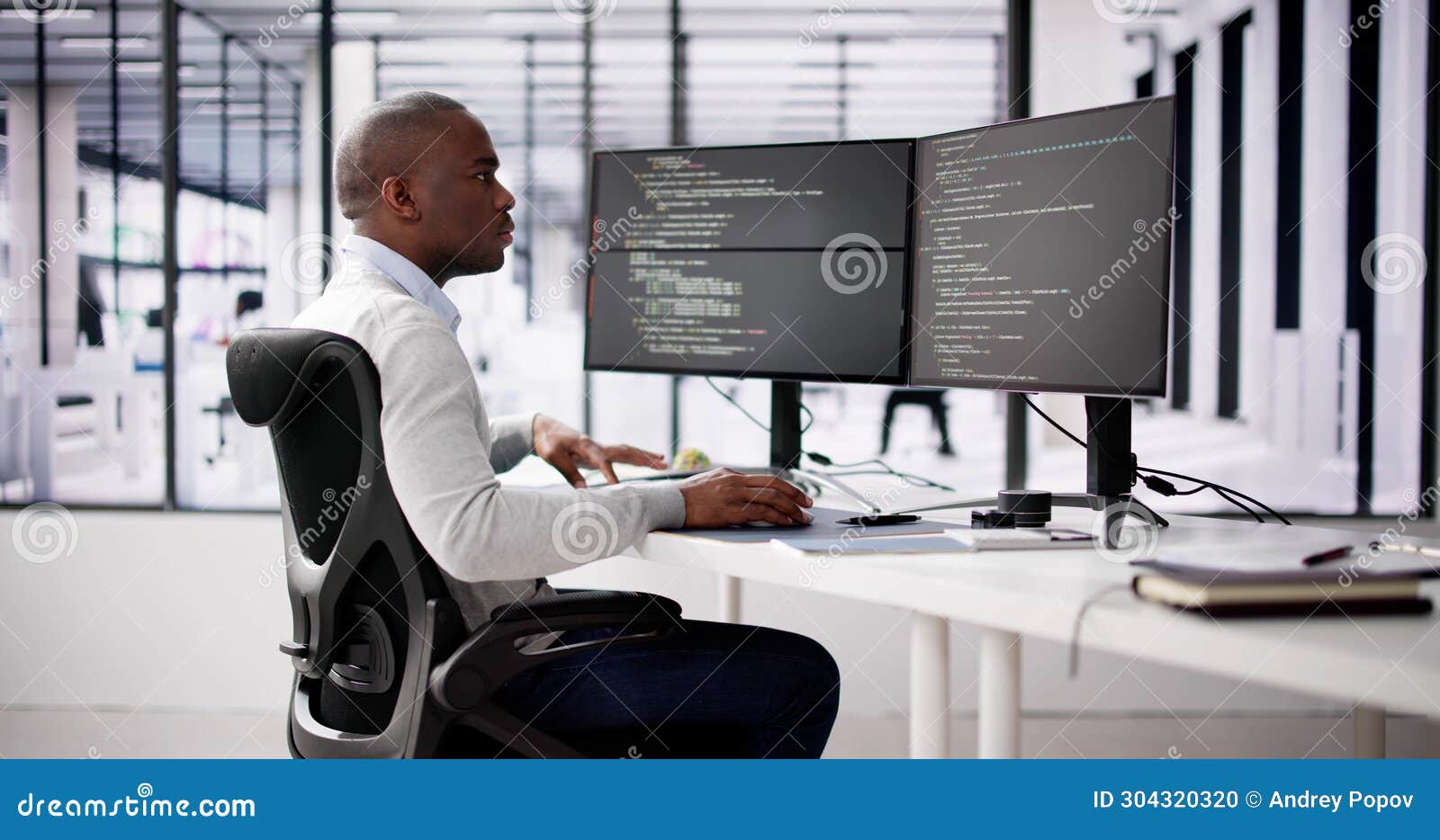 African American Coder Using Computer at Desk Stock Photo - Image of monitor, development: 304320320