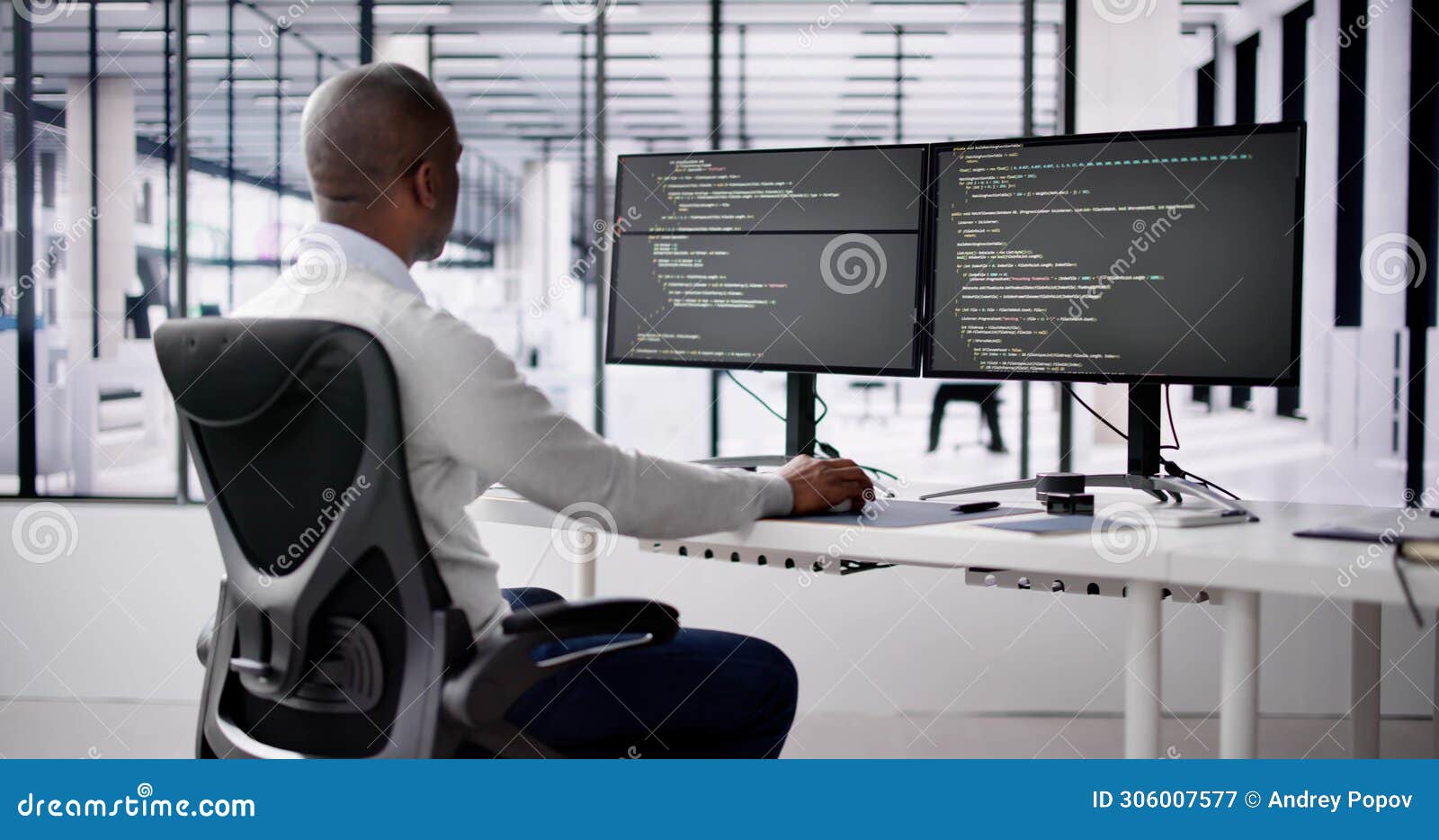 African American Coder Using Computer at Desk Stock Image - Image of black, monitors: 306007577