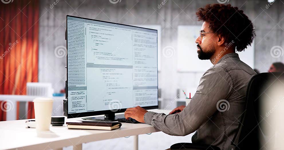 African American Coder Using Computer at Desk Stock Photo - Image of coder, program: 341299690