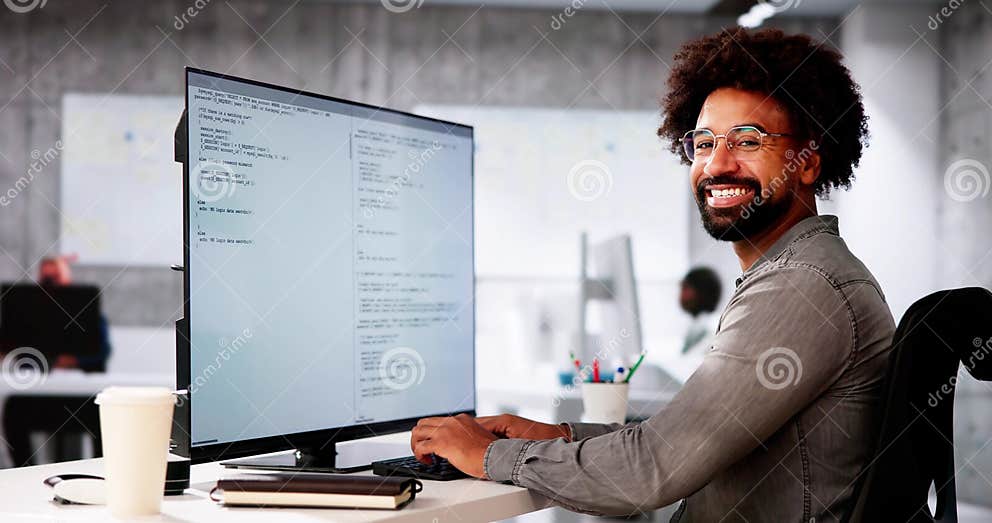 African American Coder Using Computer at Desk Stock Image - Image of desktop, code: 344308347