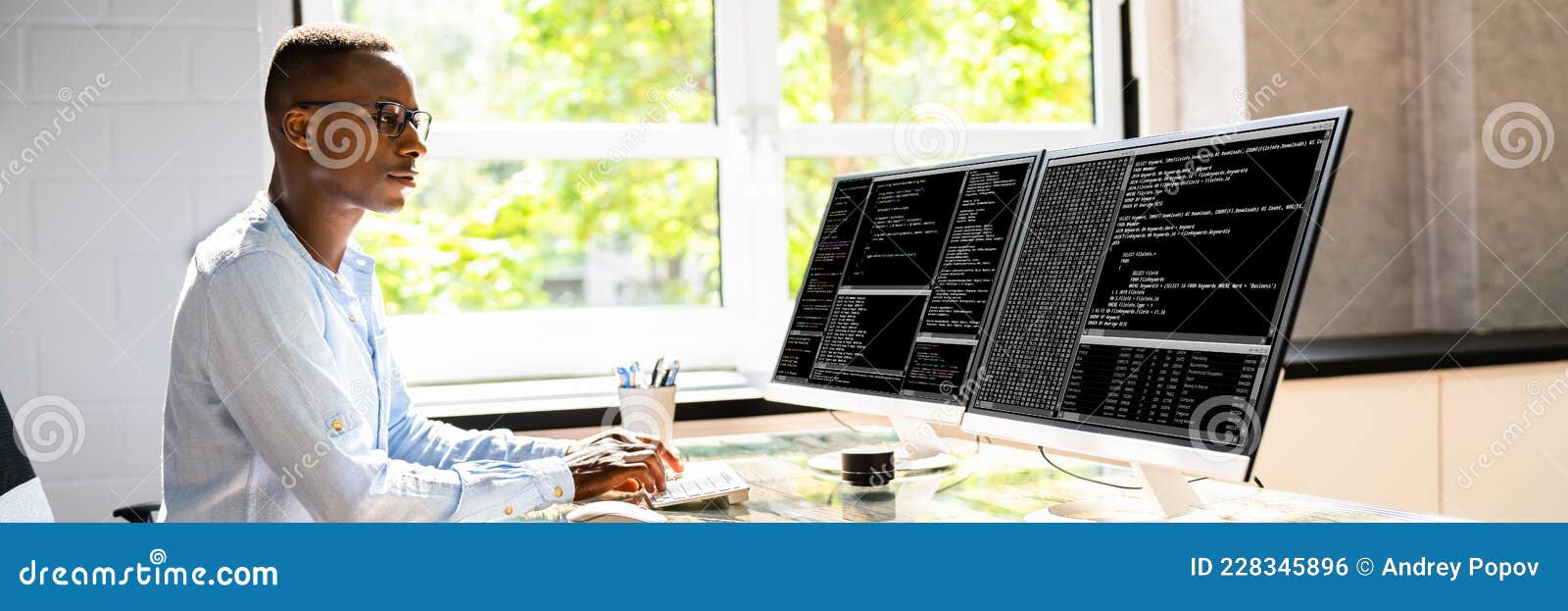 African American Coder Using Computer at Desk Stock Photo - Image of ...